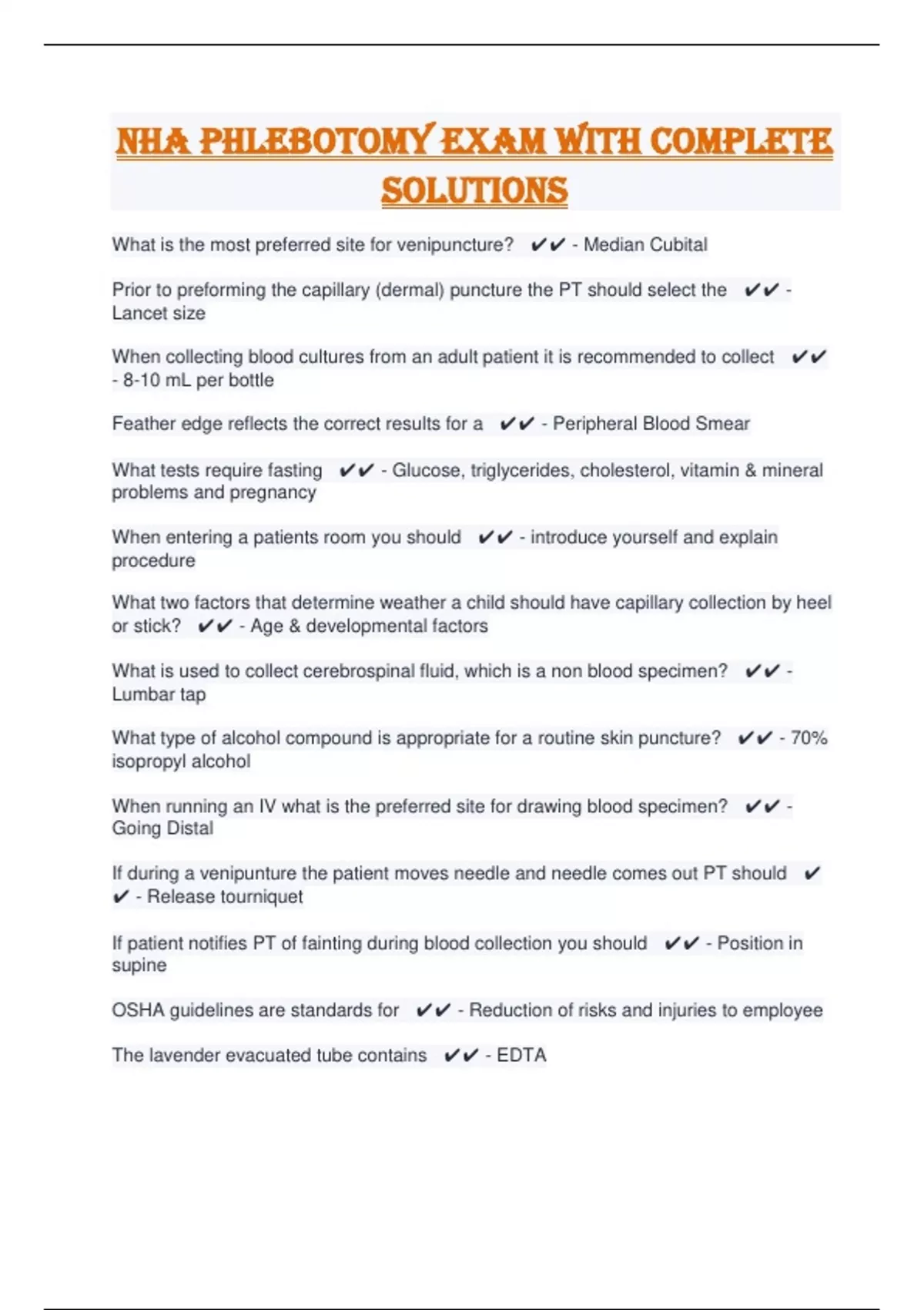 NHA Phlebotomy Exam With Complete Solutions - NHA Phlebotomy - Stuvia US