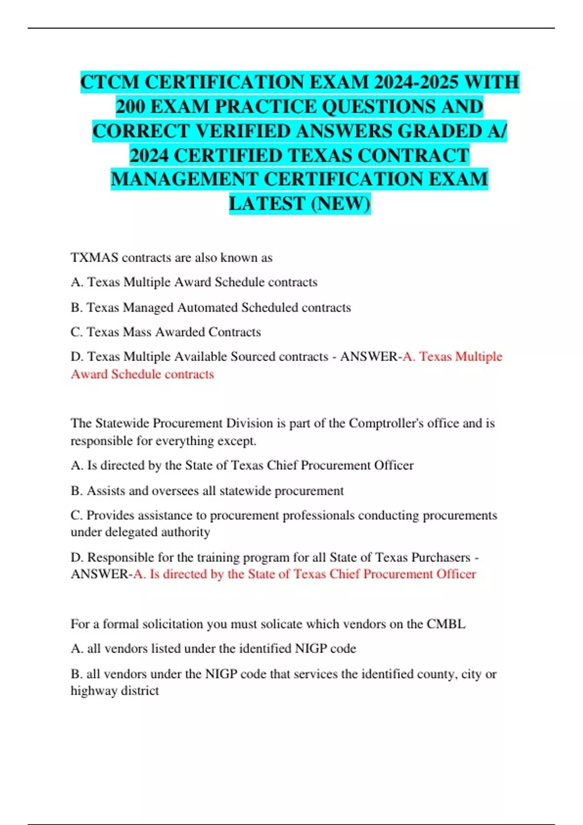 CTCM CERTIFICATION EXAM WITH 200 EXAM PRACTICE QUESTIONS AND CORRECT ...