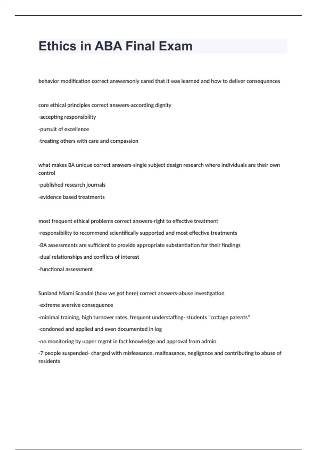 Ethics in ABA Final Exam 2024 with 100% correct answers - Ethics in ABA ...