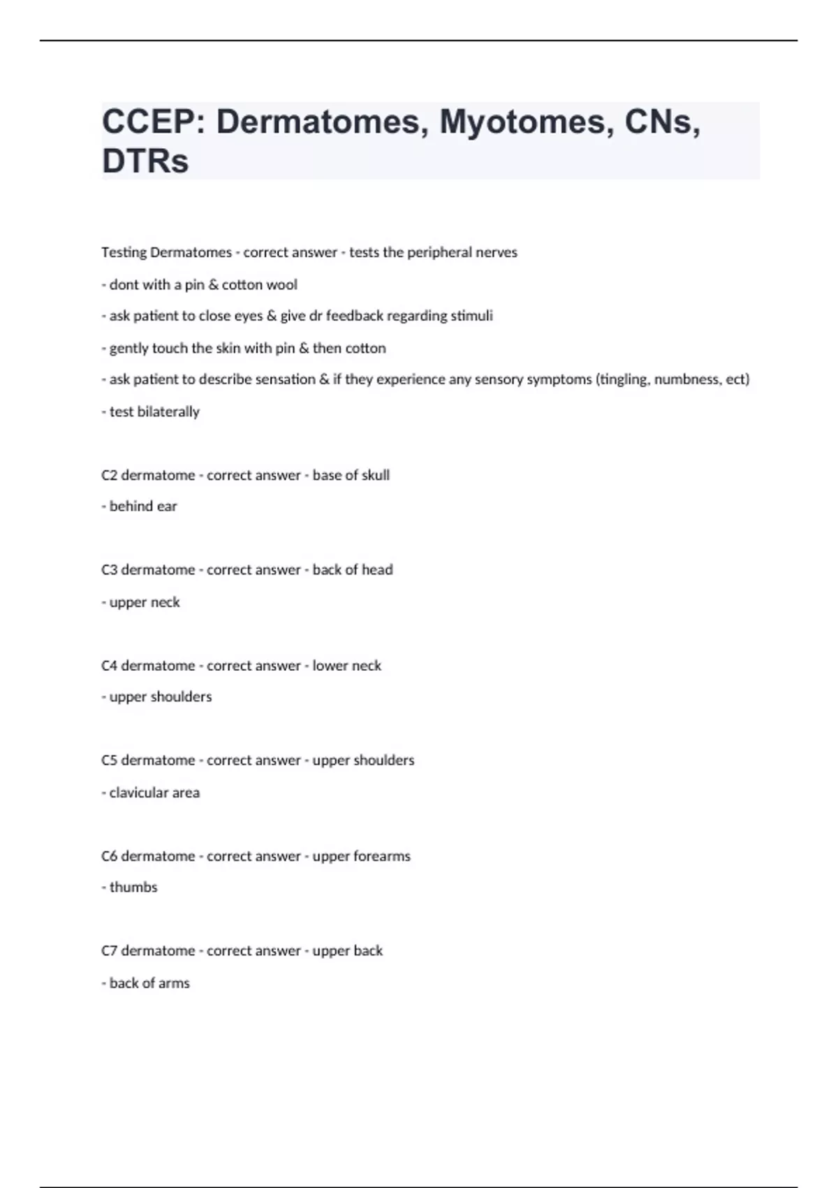 CCEP: Dermatomes, Myotomes, CNs, DTRs fully solved 2024 - Ccep - Stuvia US