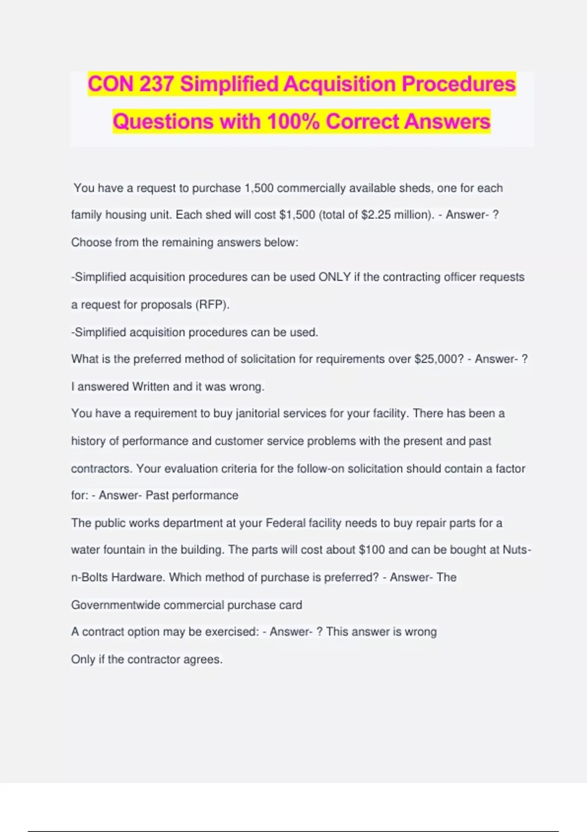 CON 237 Simplified Acquisition Procedures Questions with 100% Correct ...