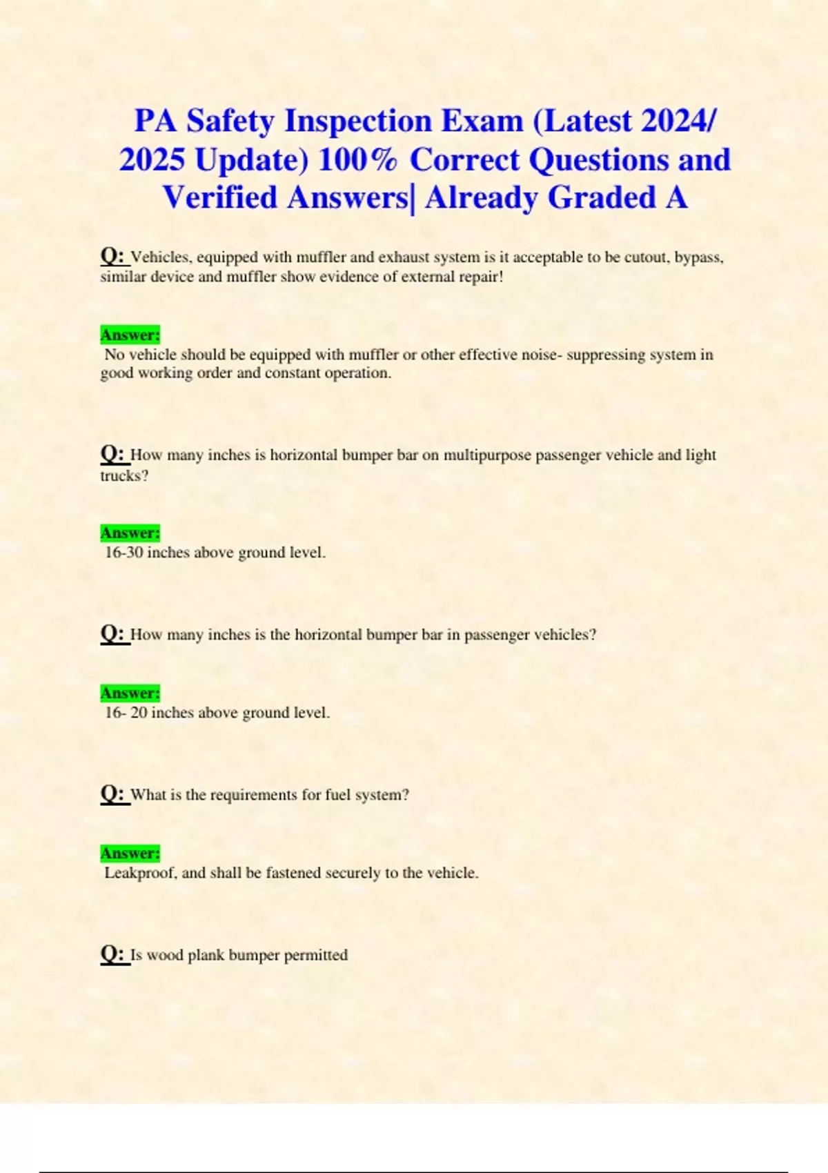 PA Safety Inspection Exam (Latest 2024/ 2025 Update) 100% Correct ...