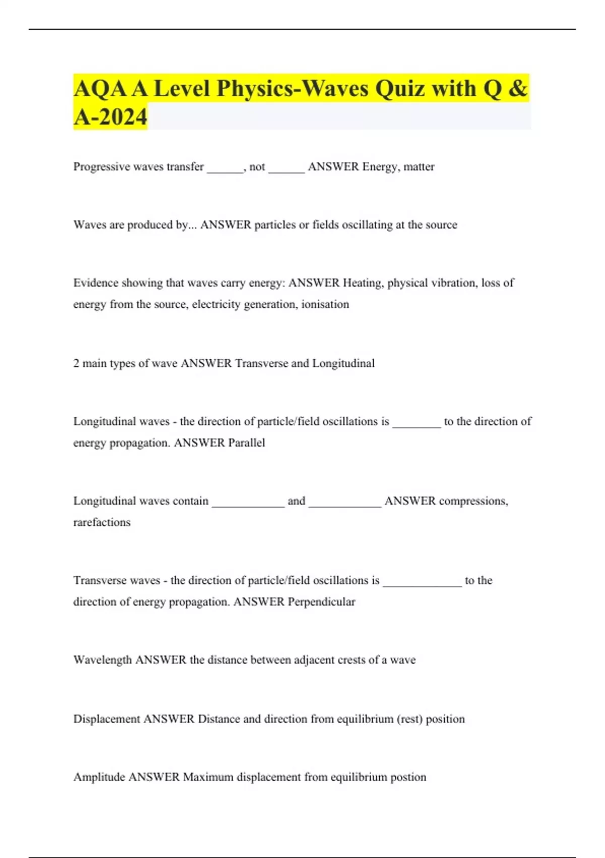 AQA A Level Physics-Waves Quiz with Q & A-2024 - AQA A-level PHYSICS ...