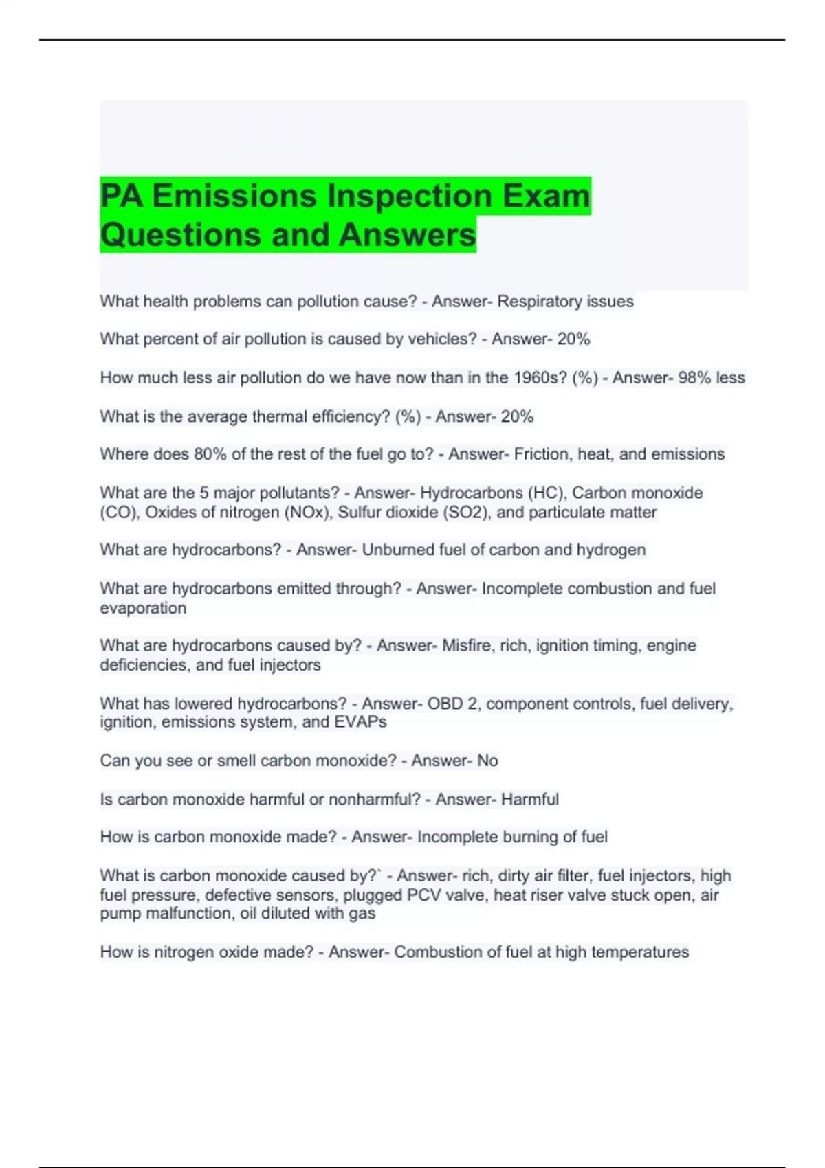PA Emissions Inspection Exam Questions and Answers 2024 - PA Emissions ...