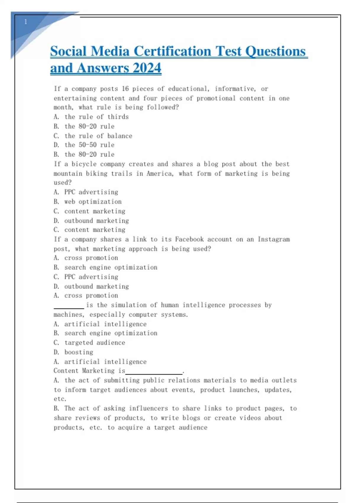 Social Media Certification Test Questions and Answers 2024. - Social ...
