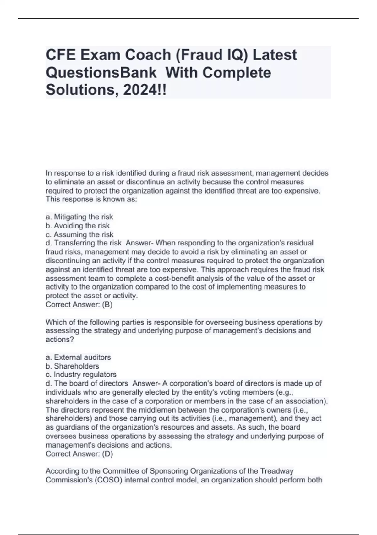 CFE Exam Coach (Fraud IQ) Latest QuestionsBank With Complete Solutions ...