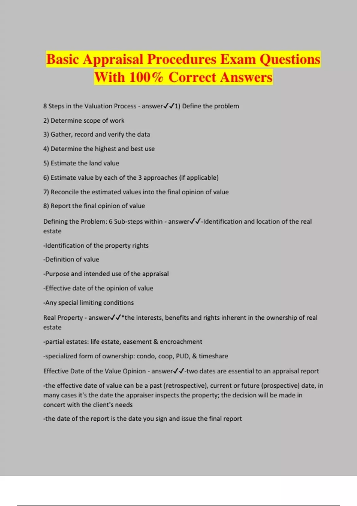 Basic Appraisal Procedures Exam Questions With 100% Correct Answers ...