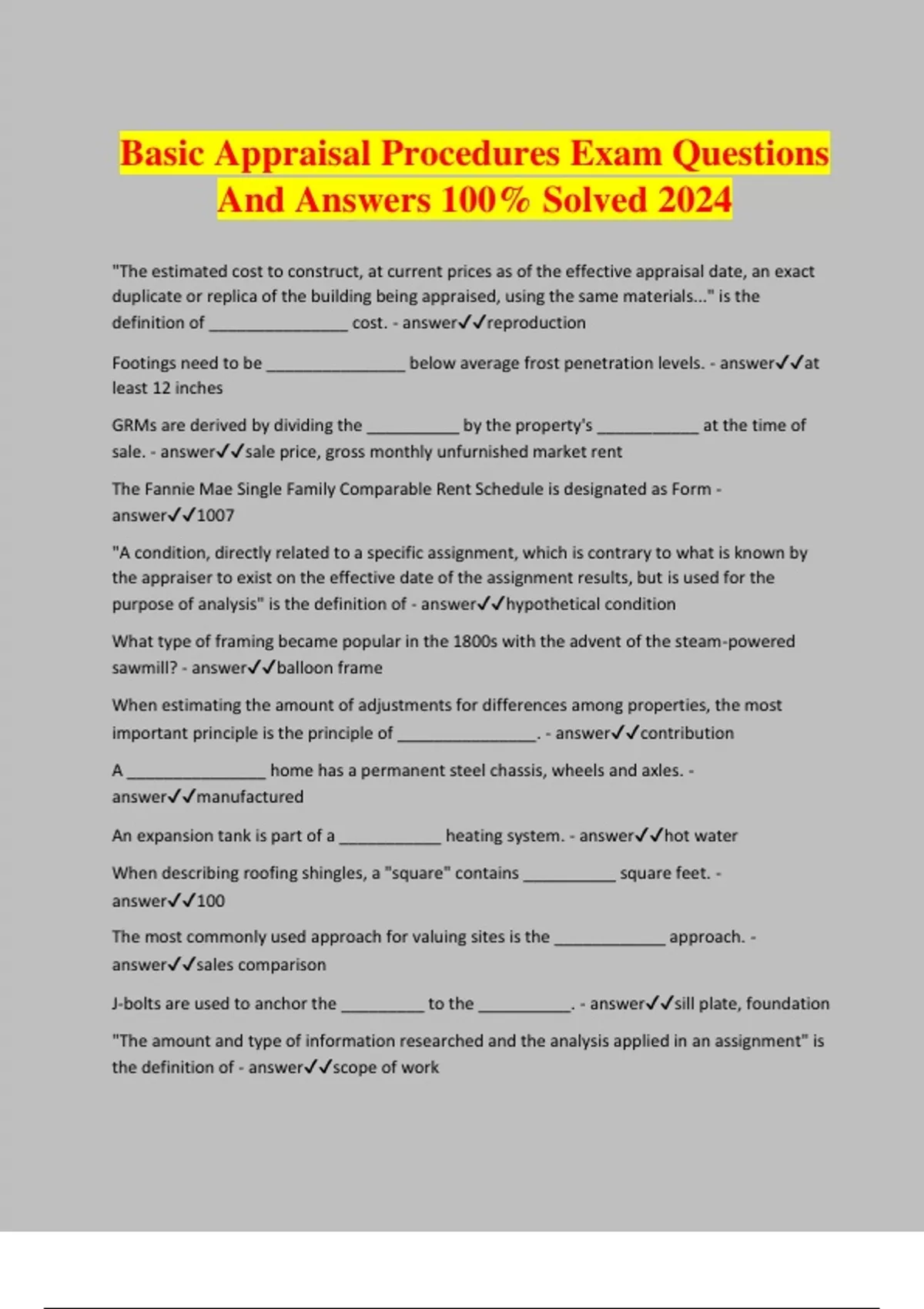 Basic Appraisal Procedures Exam Questions And Answers 100% Solved 2024 - Basic appraisal ...