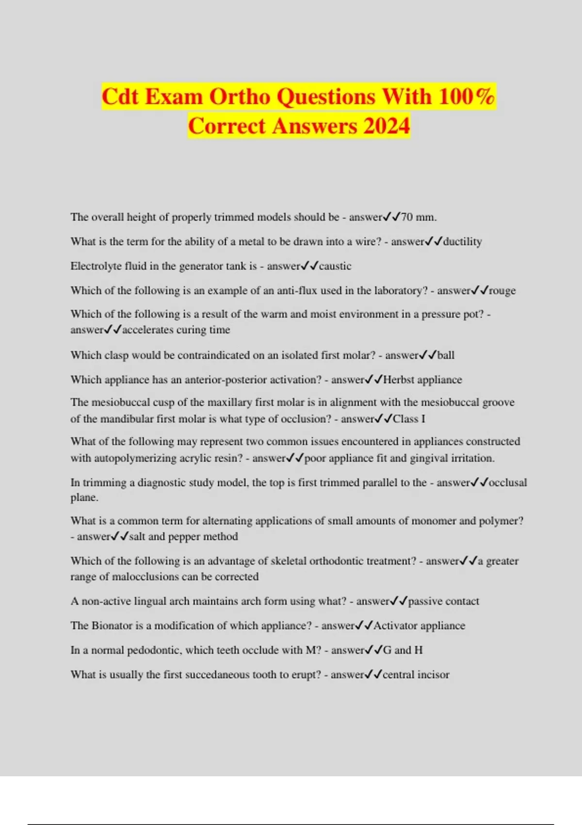 Cdt Exam Ortho Questions With 100% Correct Answers 2024 - CDT - Stuvia US