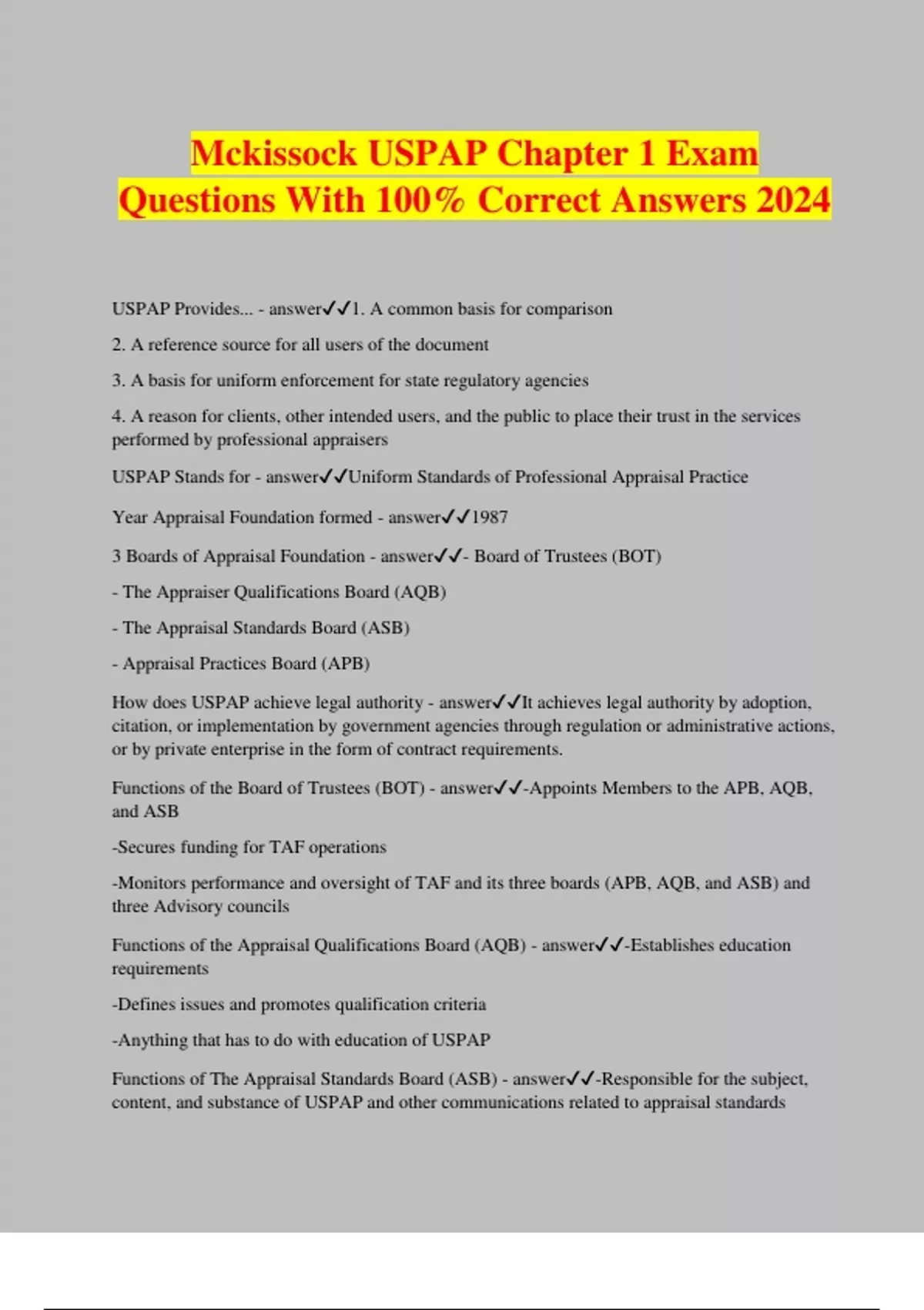 Mckissock USPAP Chapter 1 Exam Questions With 100% Correct Answers 2024 ...