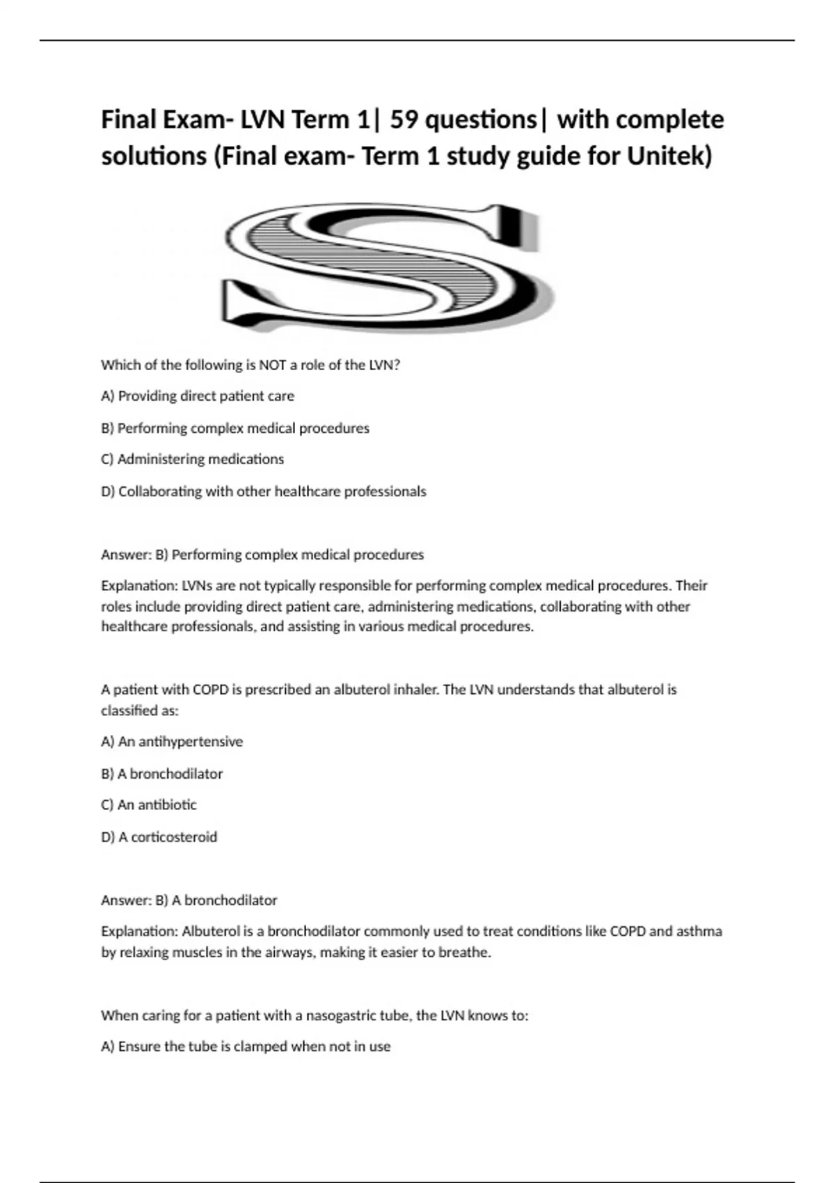 Final Exam- LVN Term 1| 59 questions| with complete solutions (Final ...