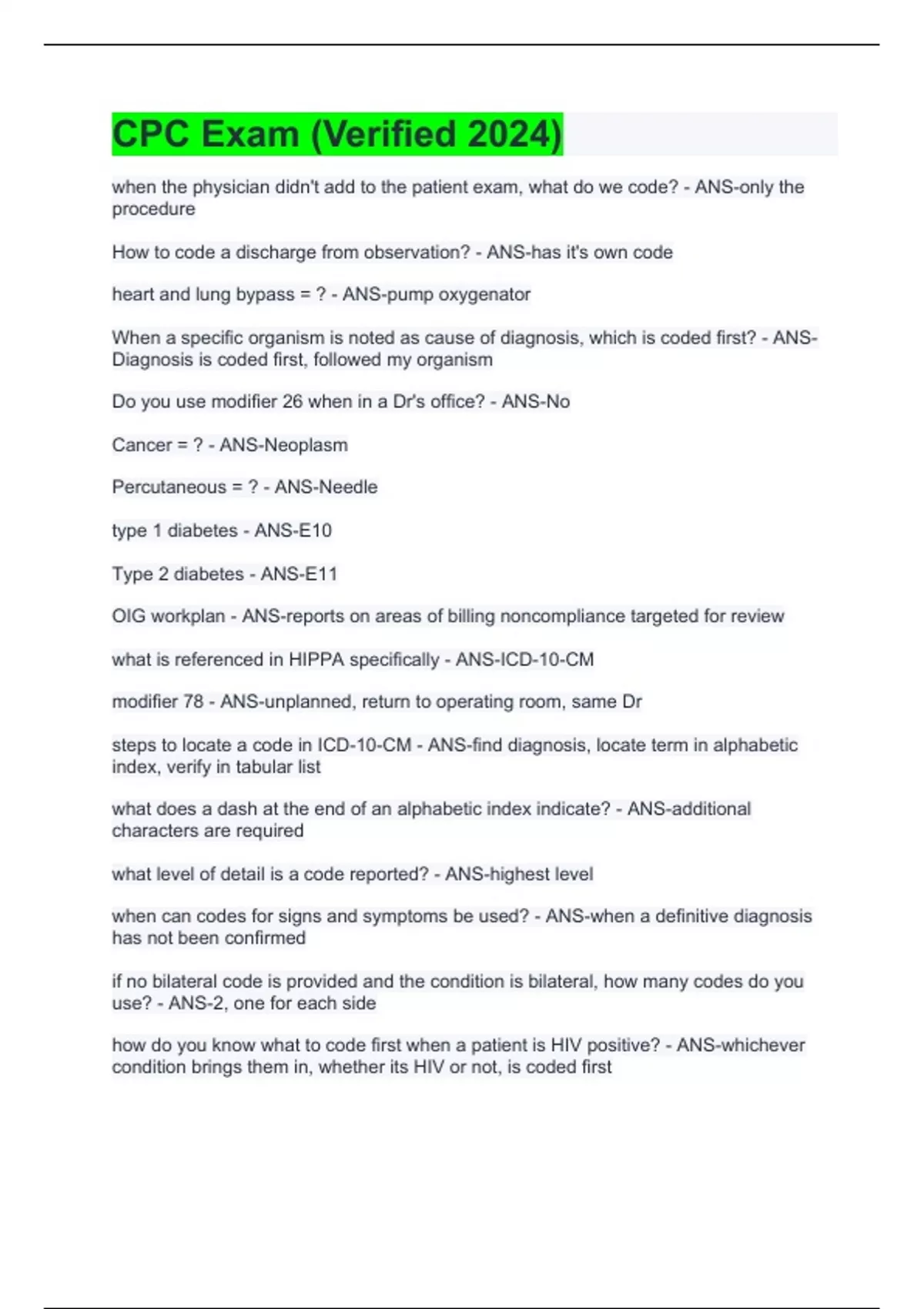 CPC Exam (Verified 2024) - CPC - Stuvia US