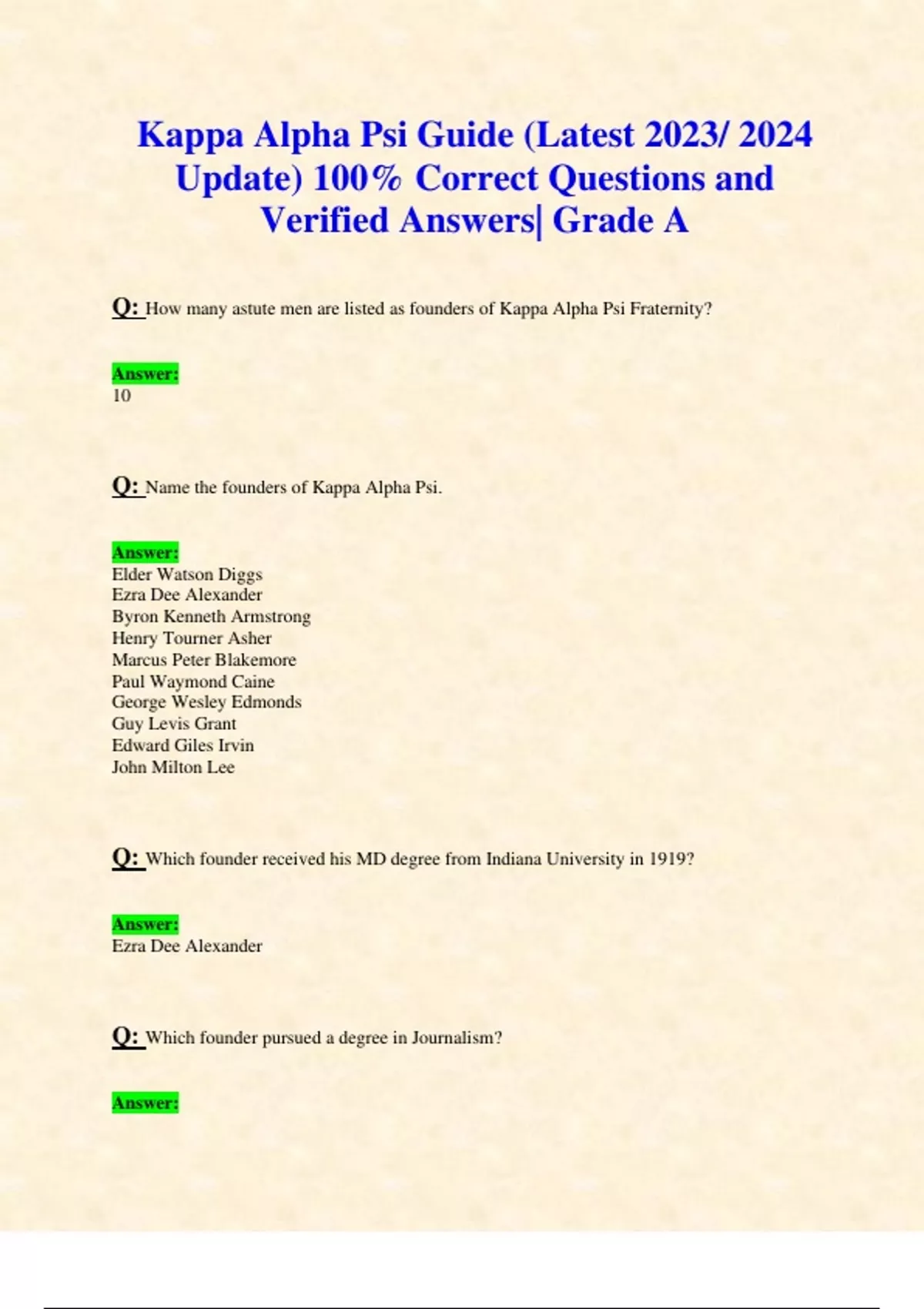 Kappa Alpha Psi Guide (Latest 2023/ 2024 Update) 100% Correct Questions ...