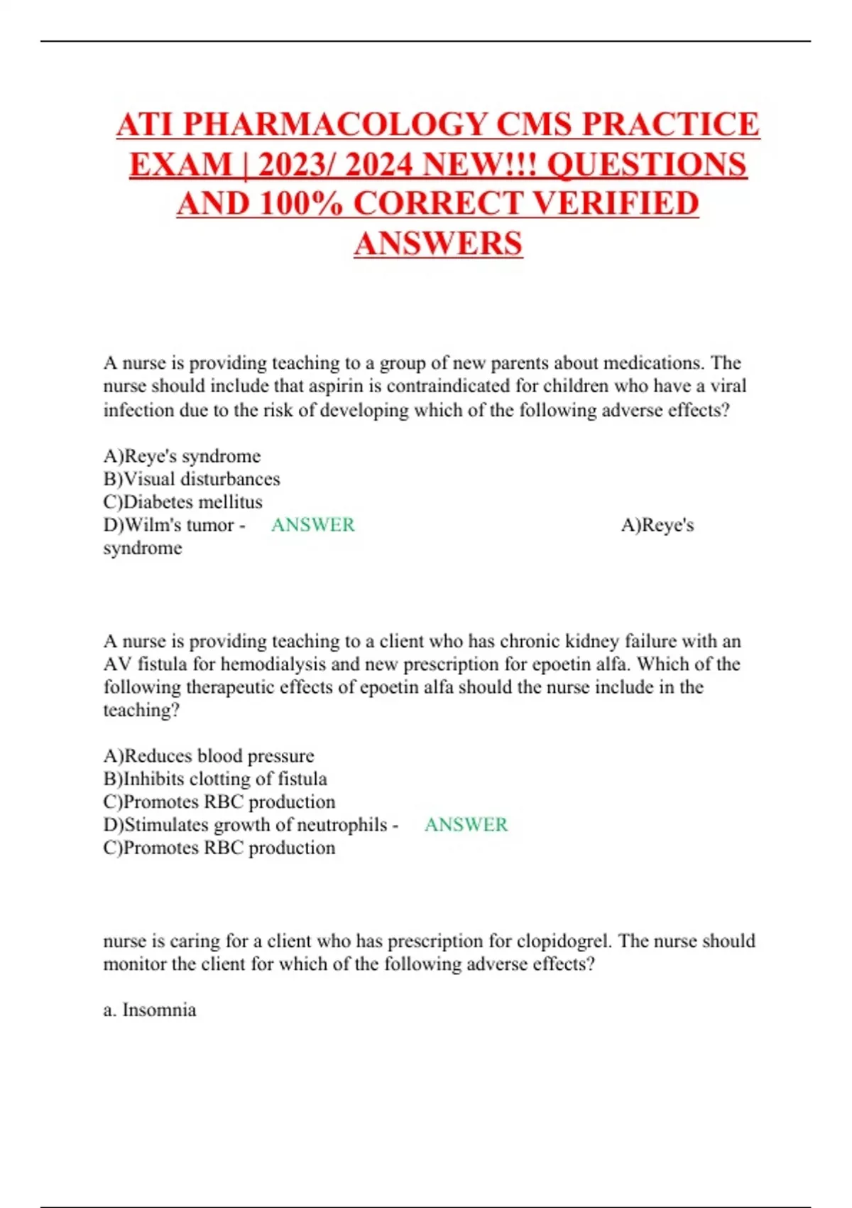 ATI PHARMACOLOGY CMS PRACTICE EXAM | 2023/ 2024 NEW!!! QUESTIONS AND ...