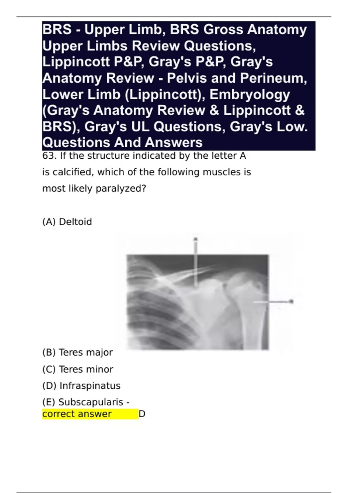 BRS - Upper Limb, BRS Gross Anatomy Upper Limbs Review Questions ...