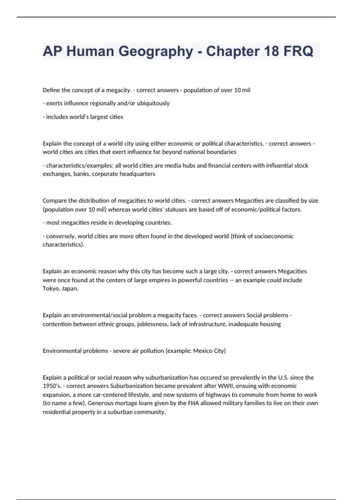 AP Human Geography - Chapter 18 FRQ fully solved graded A+ 2024/2025 ...