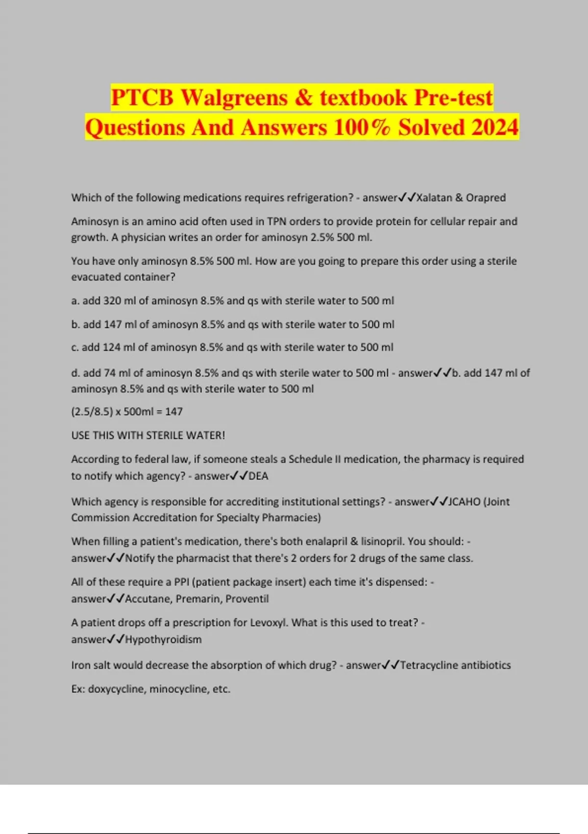 PTCB 2024 WALGREENS Exam Questions And Answers 100% Solved 2024 ...