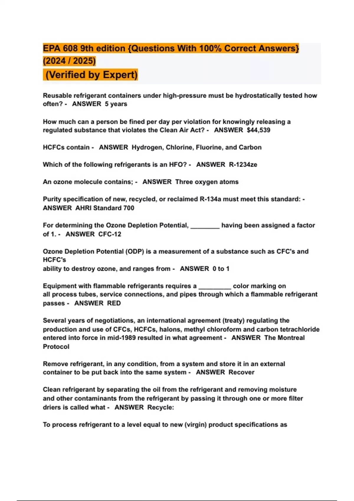 EPA 608 9th edition {Questions With 100% Correct Answers} (2024 / 2025) (Verified by Expert ...