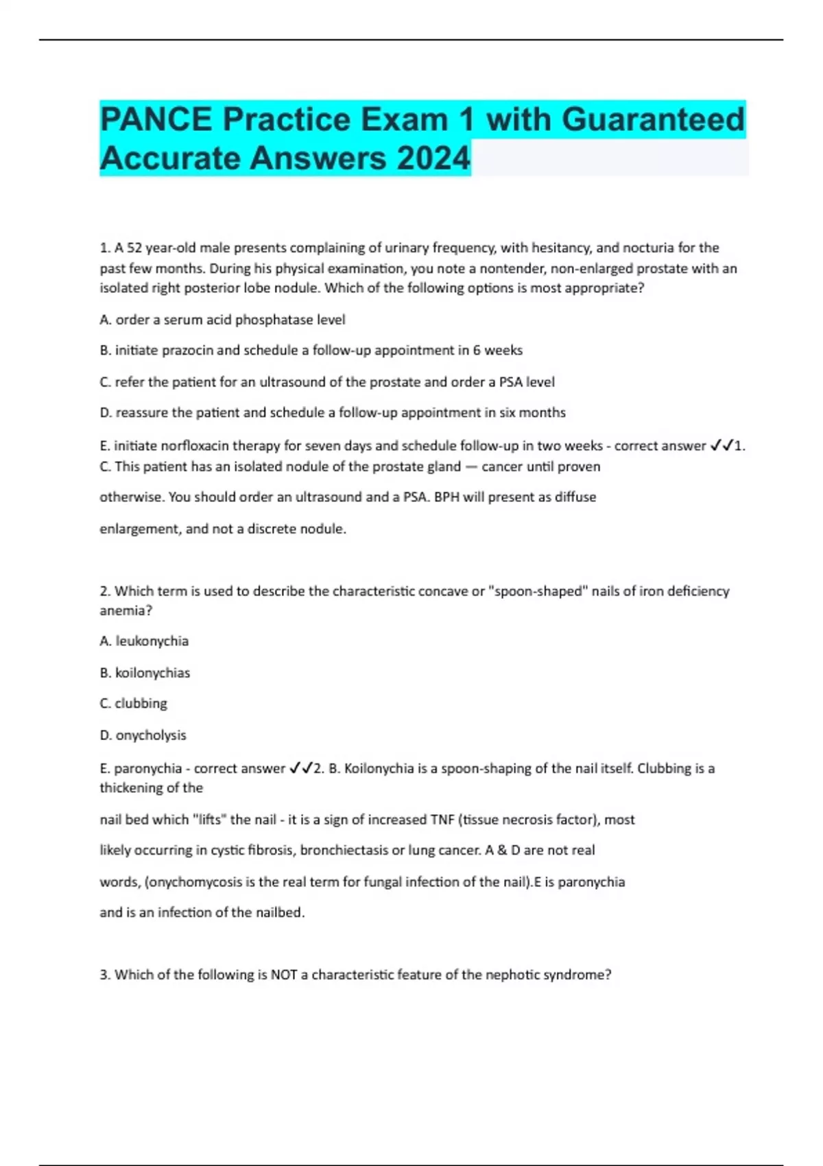 PANCE Practice Exam 1 with Guaranteed Accurate Answers 2024 - PANCE ...