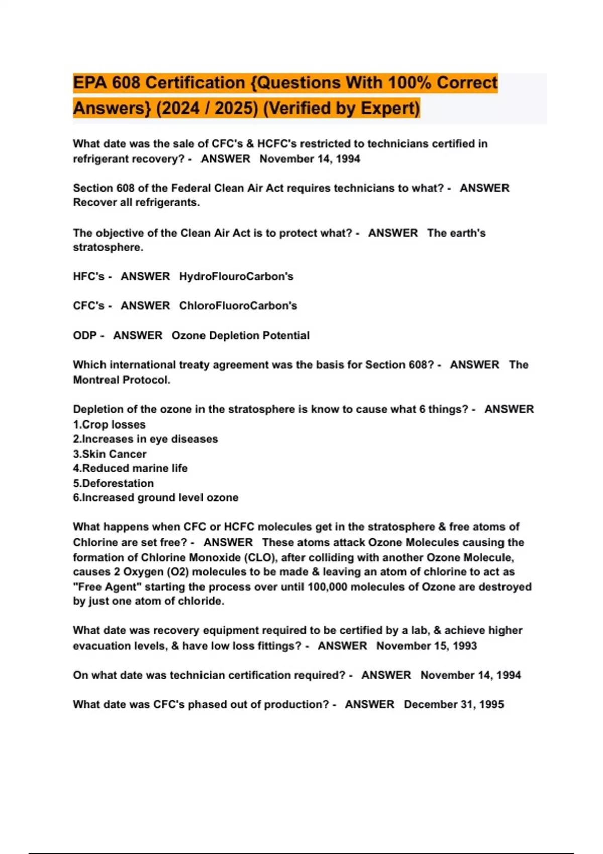EPA 608 Certification {Questions With 100% Correct Answers} (2024 / ...