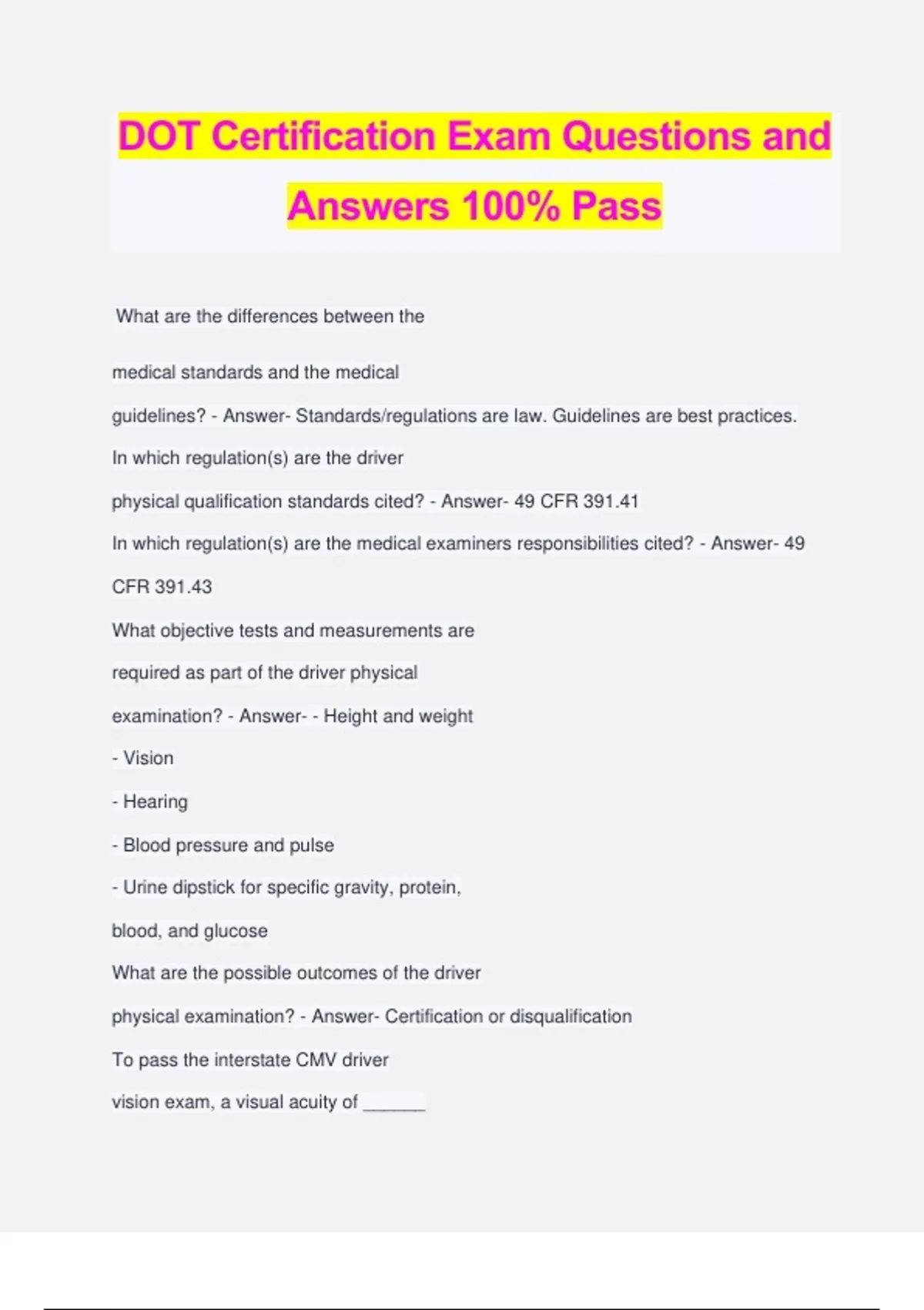DOT Certification Exam Questions and Answers 100% Pass - DOT - Stuvia US