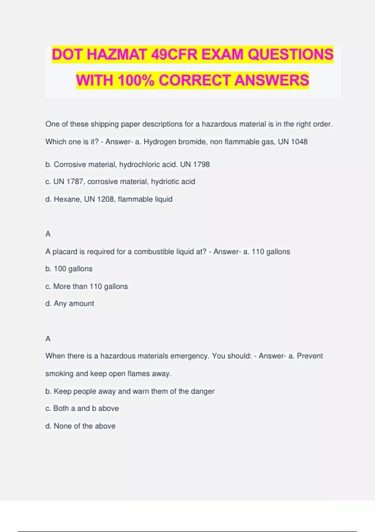 DOT HAZMAT 49CFR EXAM QUESTIONS WITH 100% CORRECT ANSWERS - DOT - Stuvia US