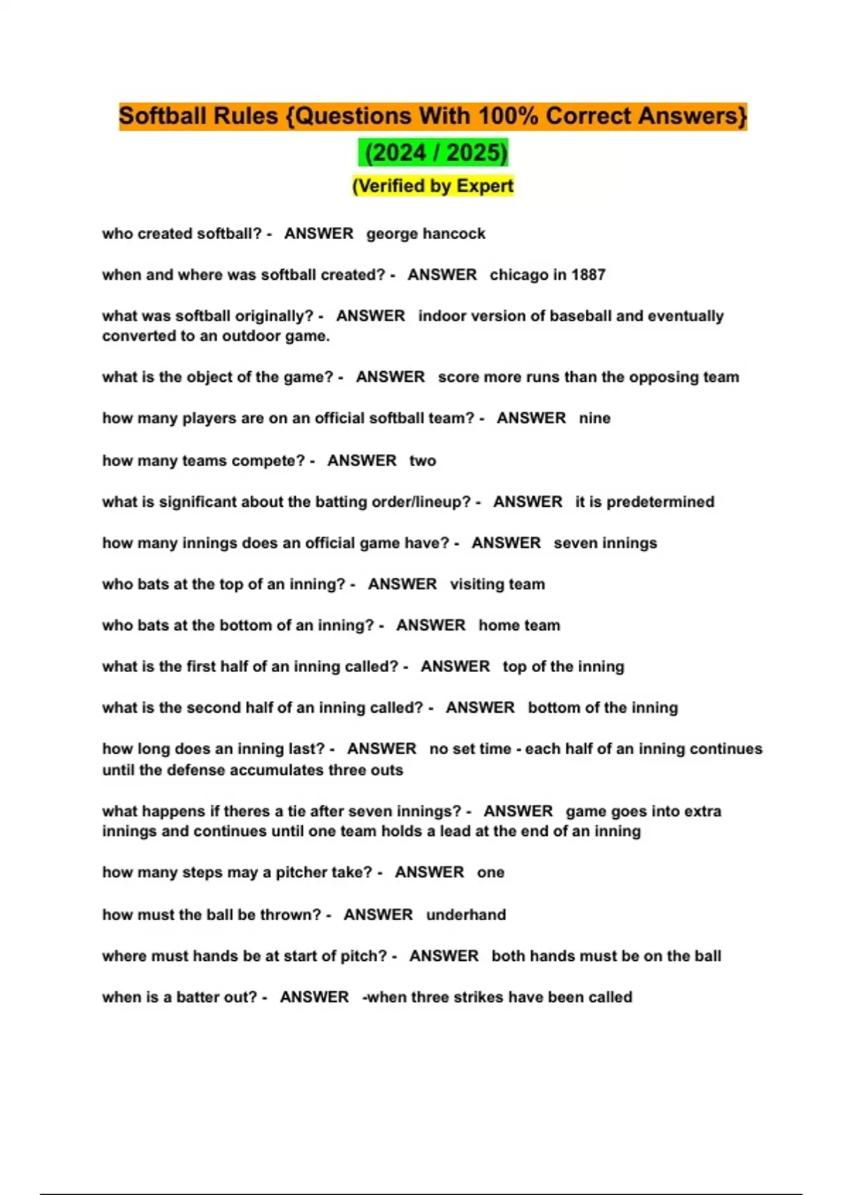 Softball Rules {Questions With 100% Correct Answers} (2024 / 2025 ...
