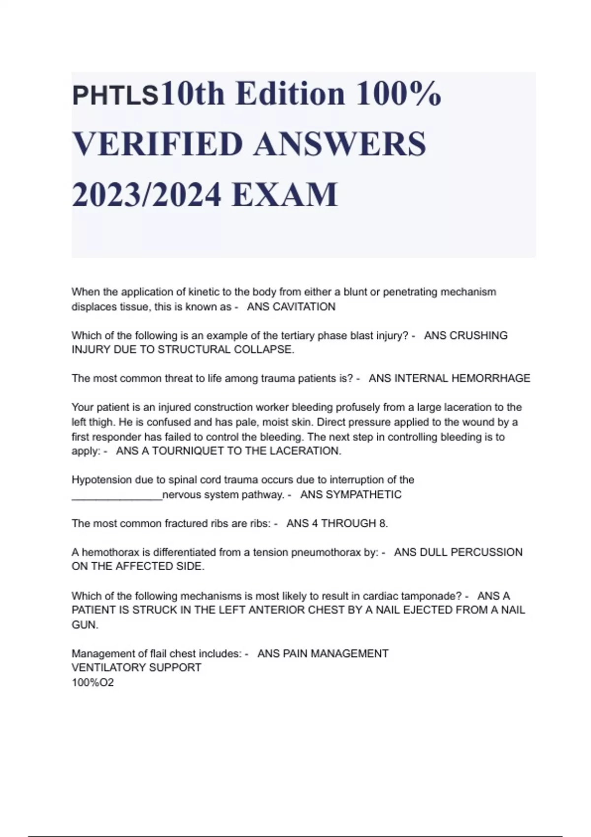 PHTLS10th Edition 100% VERIFIED ANSWERS 2023/2024 EXAM - PHTLS - Stuvia US