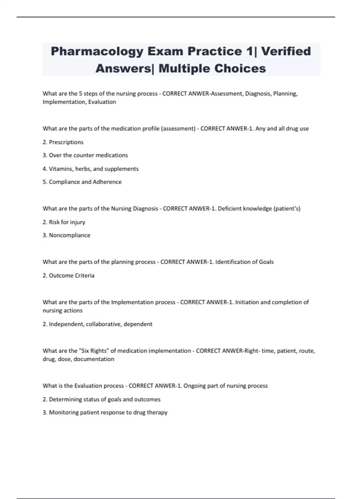 Pharmacology Exam Practice 1| Verified Answers| Multiple Choices ...