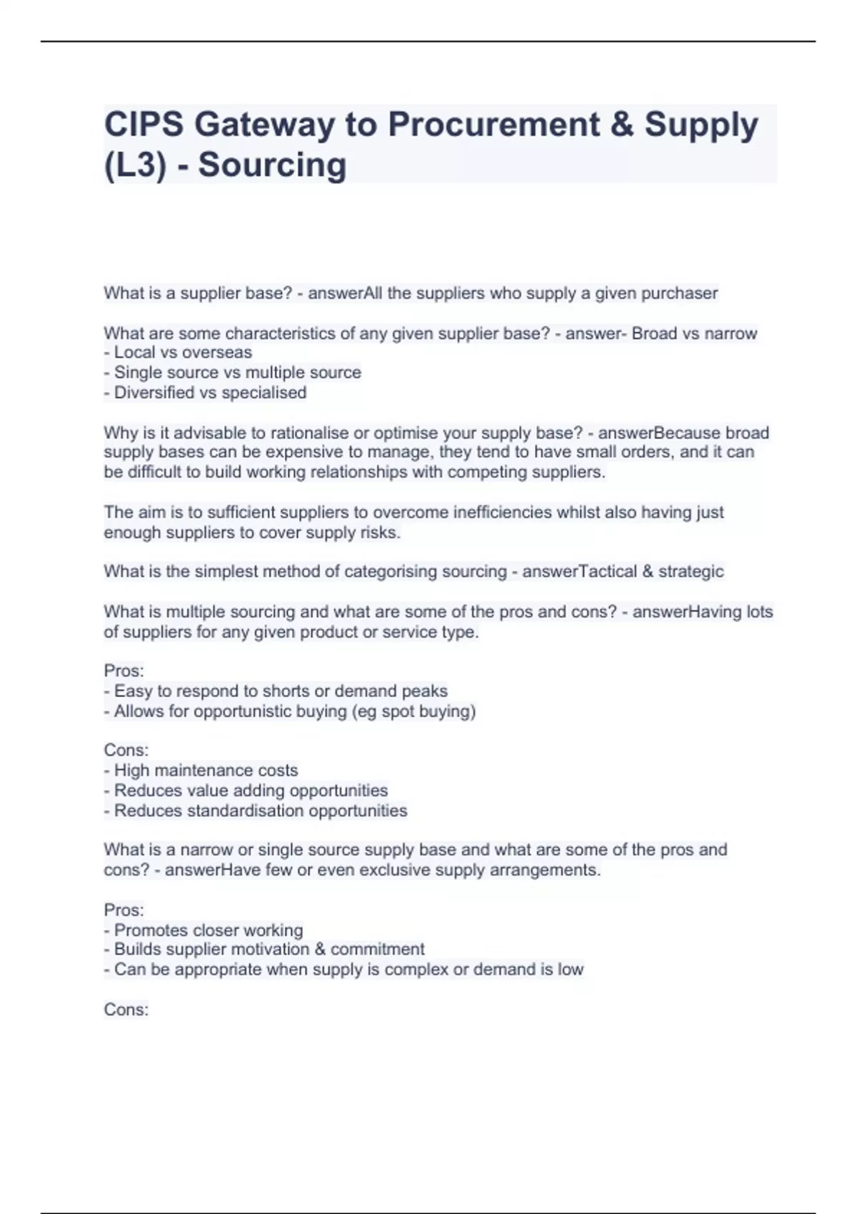 CIPS Gateway to Procurement & Supply (L3) - Sourcing Questions with Accurate Answers 2024 - CIPS ...