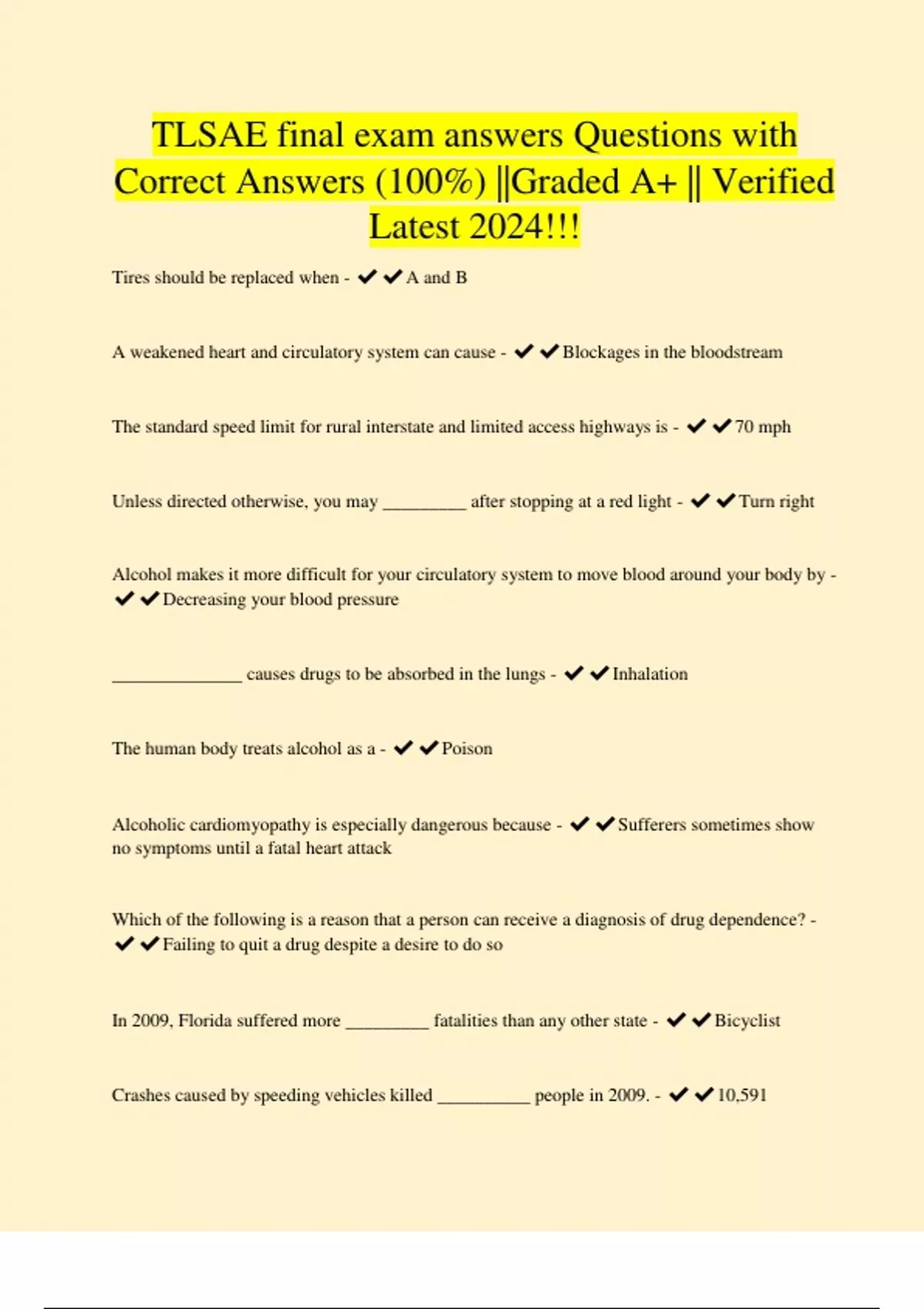 Tlsae Final Exam Answers Questions With Correct Answers 100 Graded A Verified Latest