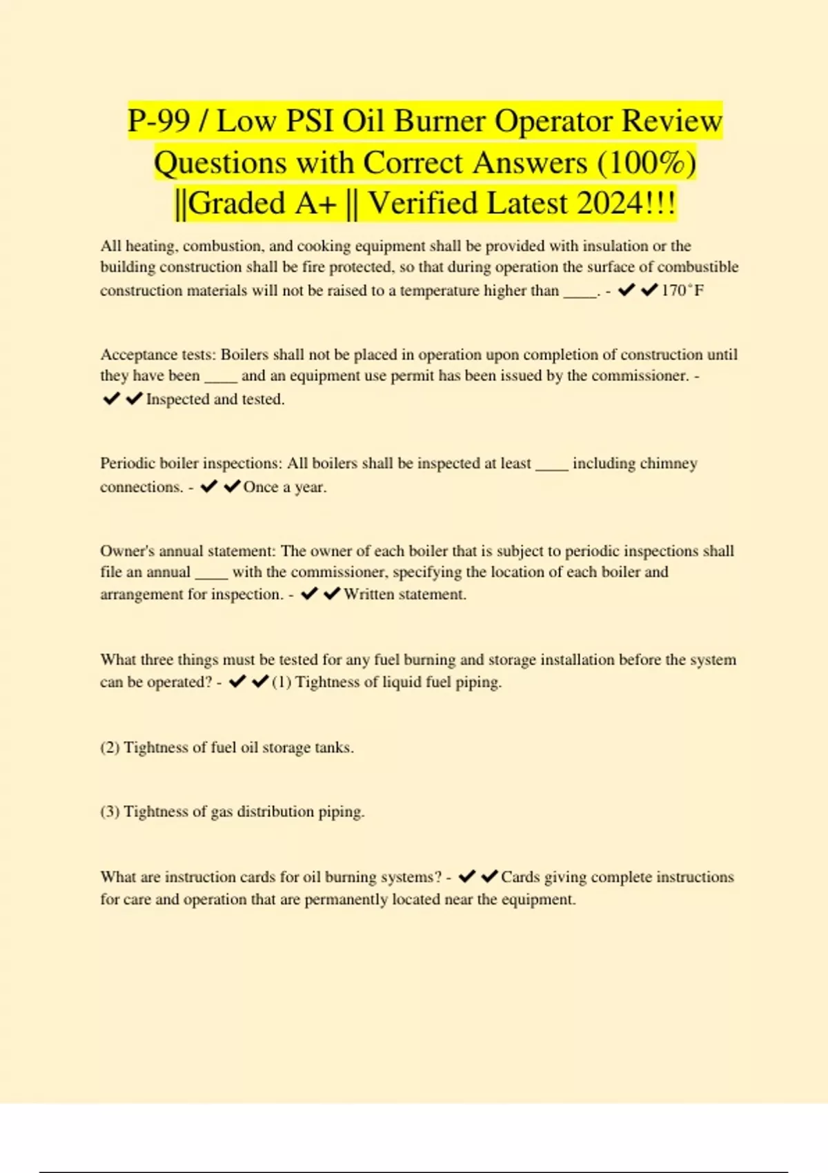 P-99 / Low PSI Oil Burner Operator Review Questions with Correct ...