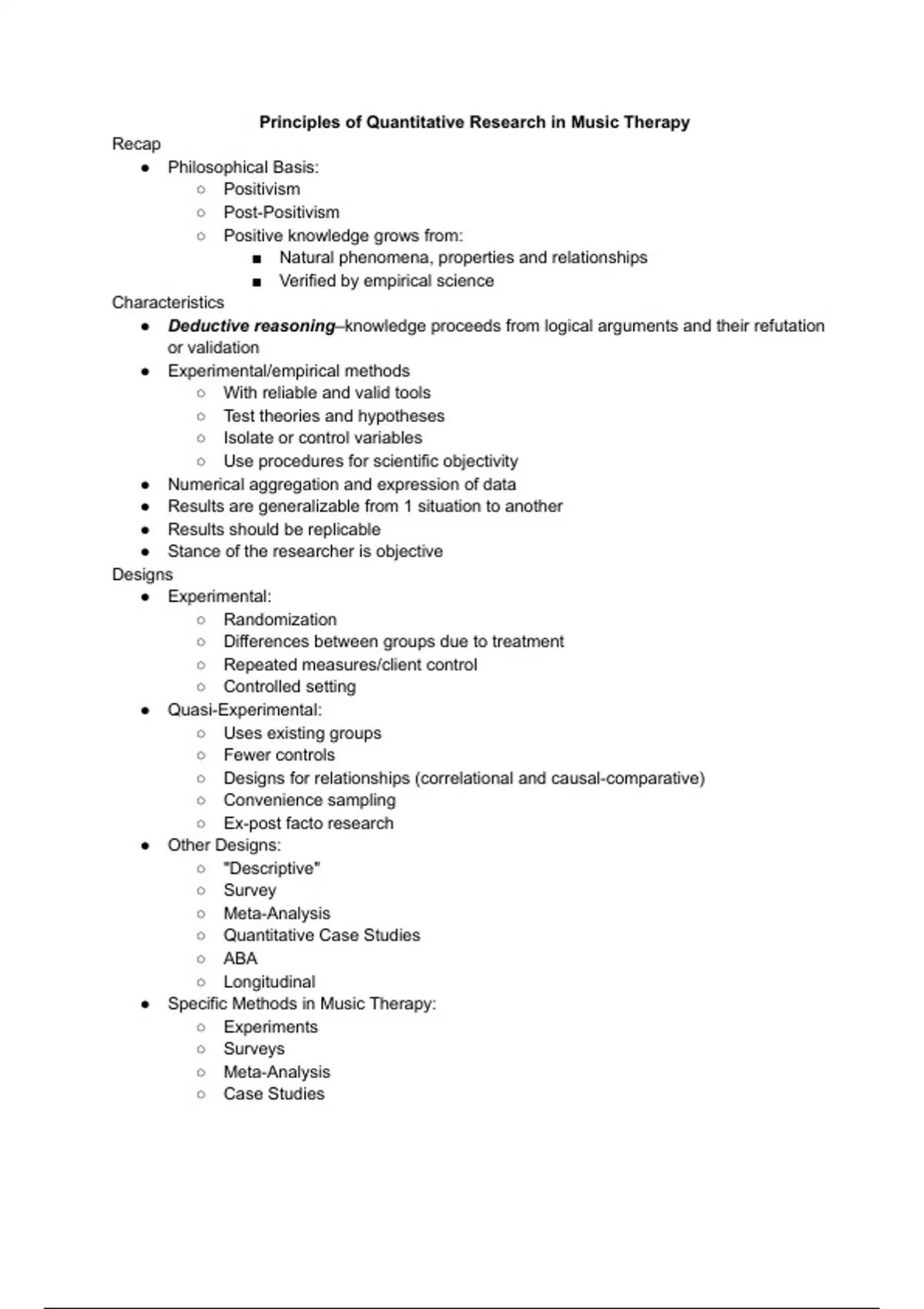 Principles of Quantitative Research in Music Therapy Notes - MUTH 405 ...