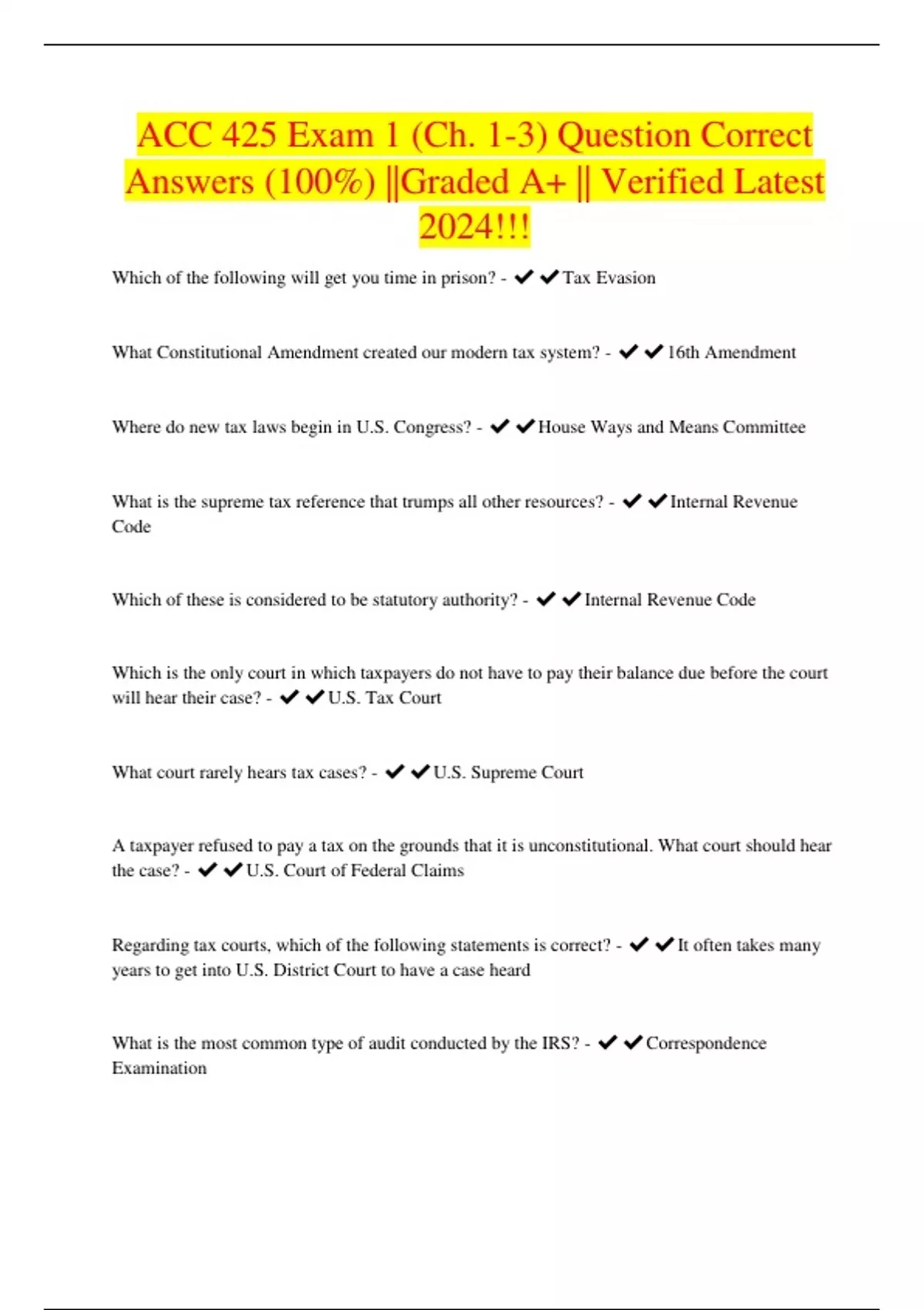 ACC 425 Exam 1 (Ch. 1-3) Question Correct Answers (100%) ||Graded A+ ...