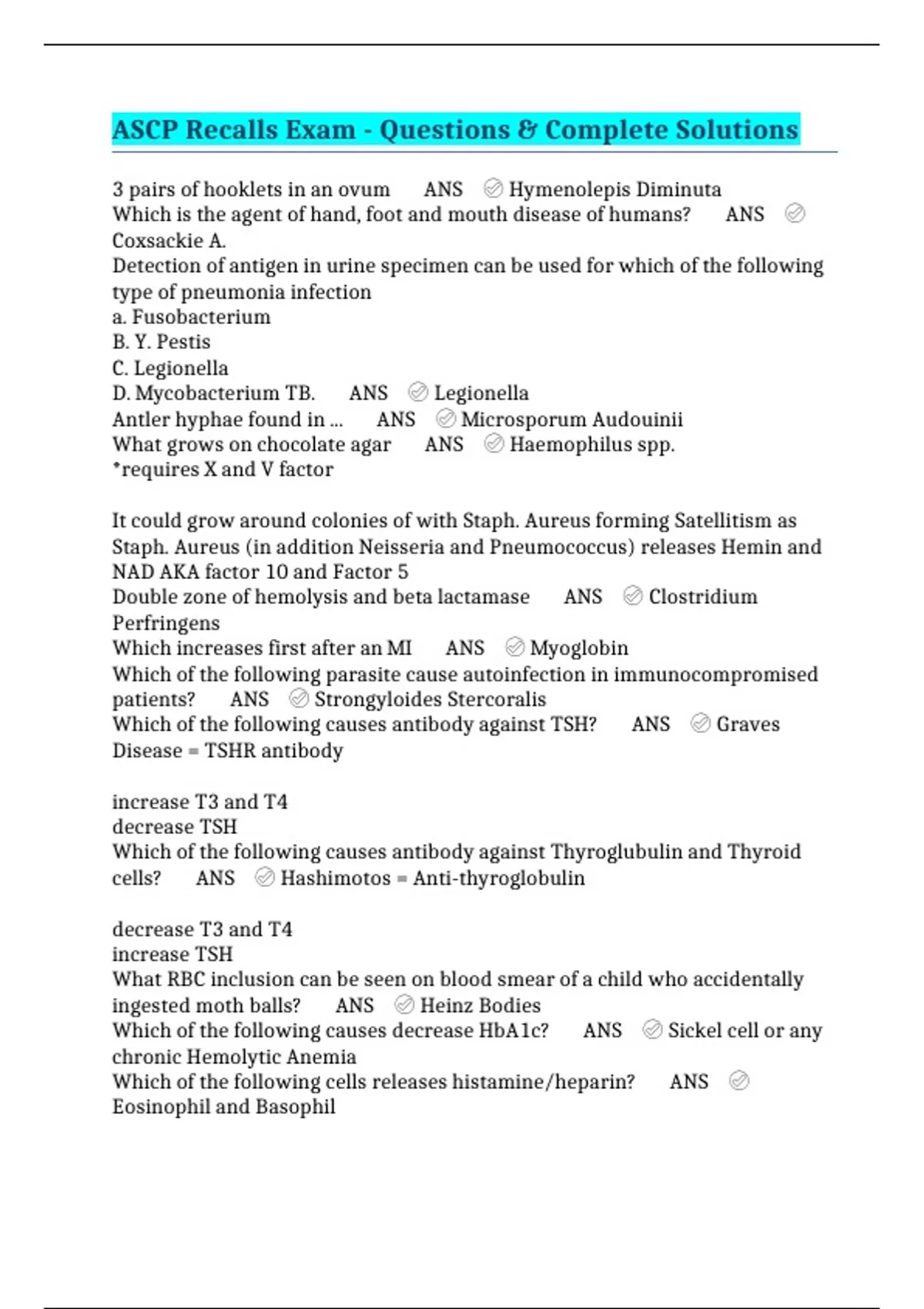 ASCP Recalls Exam - Questions & Complete Solutions - ASCP - Stuvia US