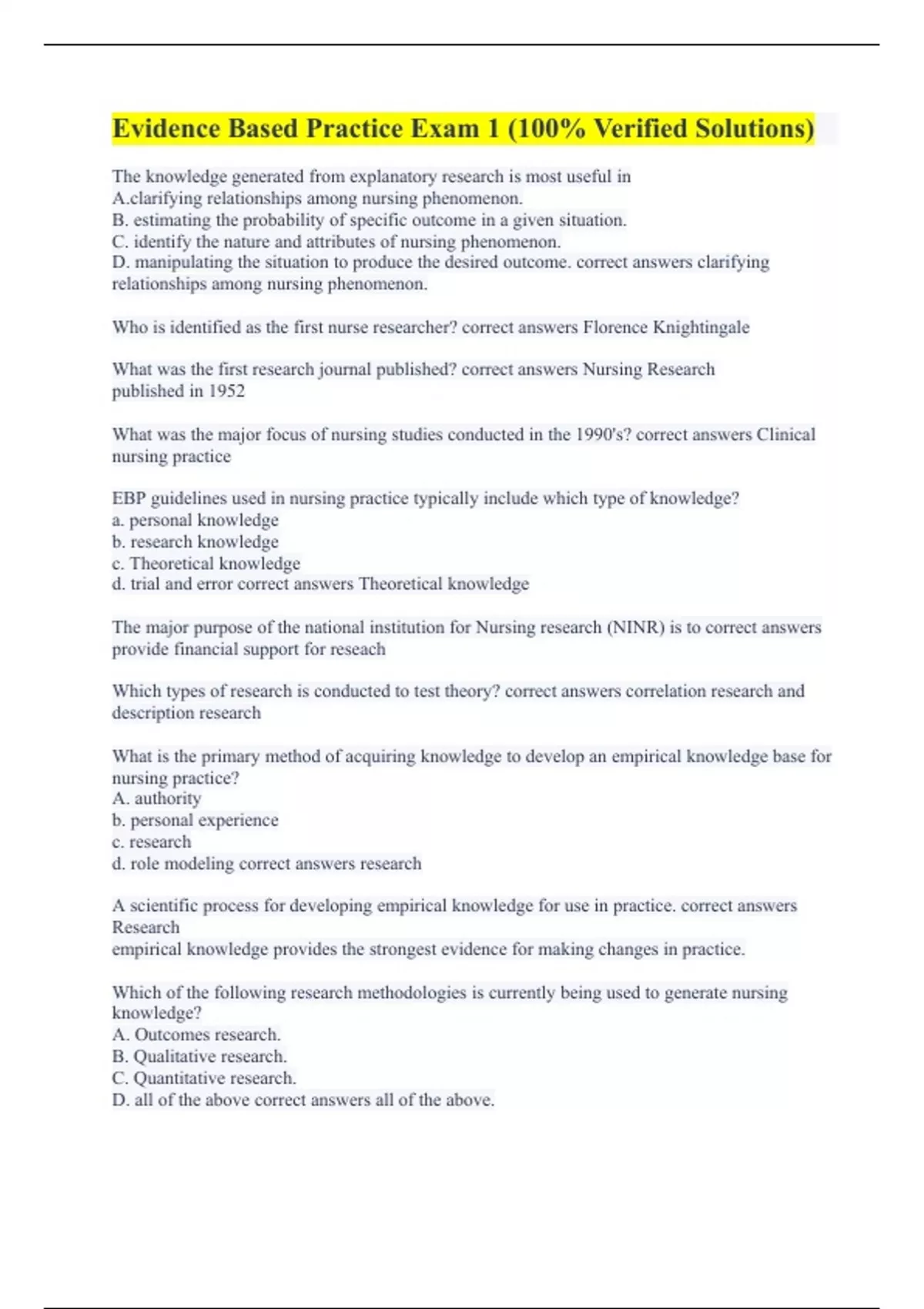 Evidence Based Practice Exam 1 (100% Verified Solutions) - Evidence ...