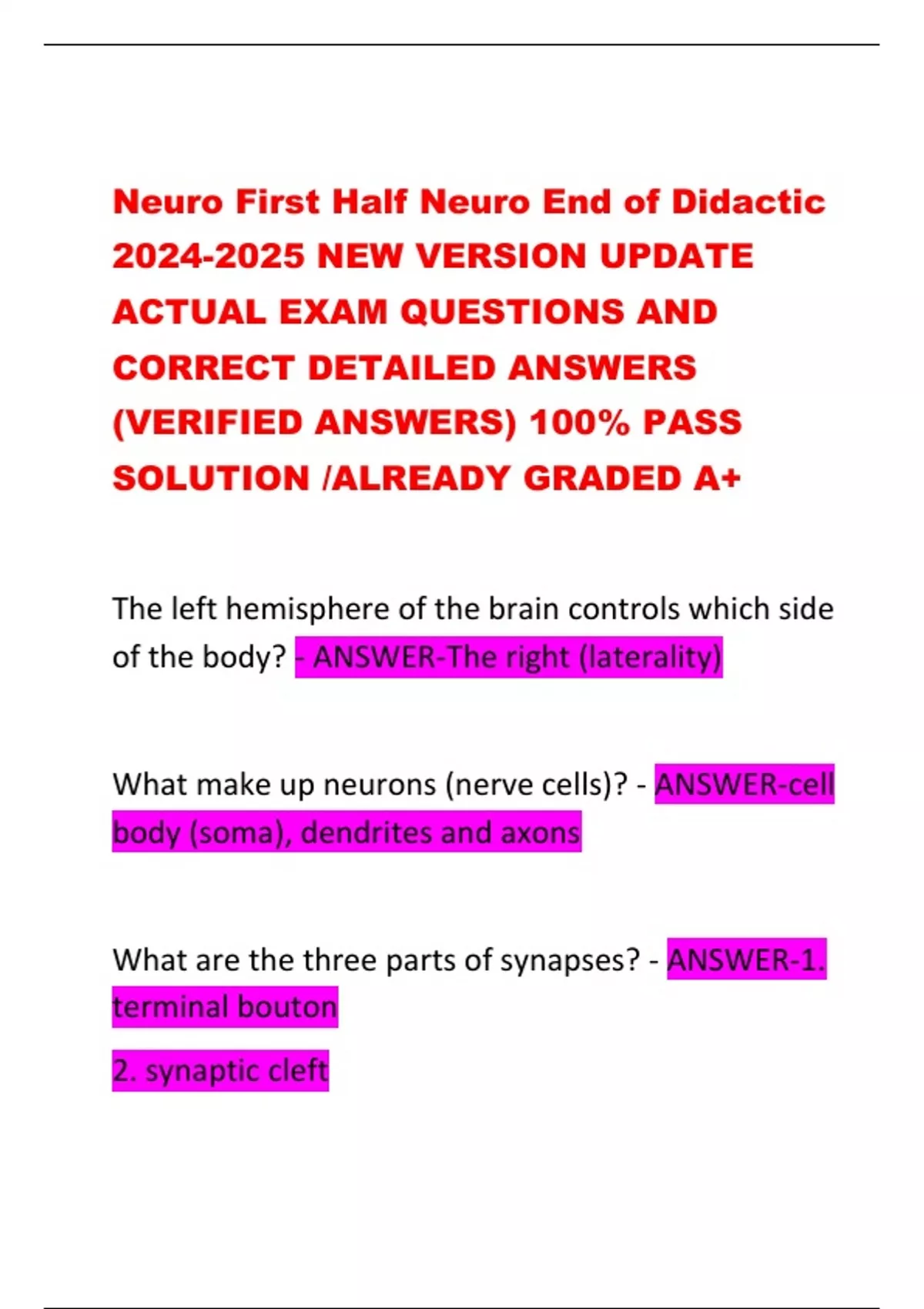 Neuro First Half Neuro End of Didactic NEW VERSION UPDATE ACTUAL EXAM ...