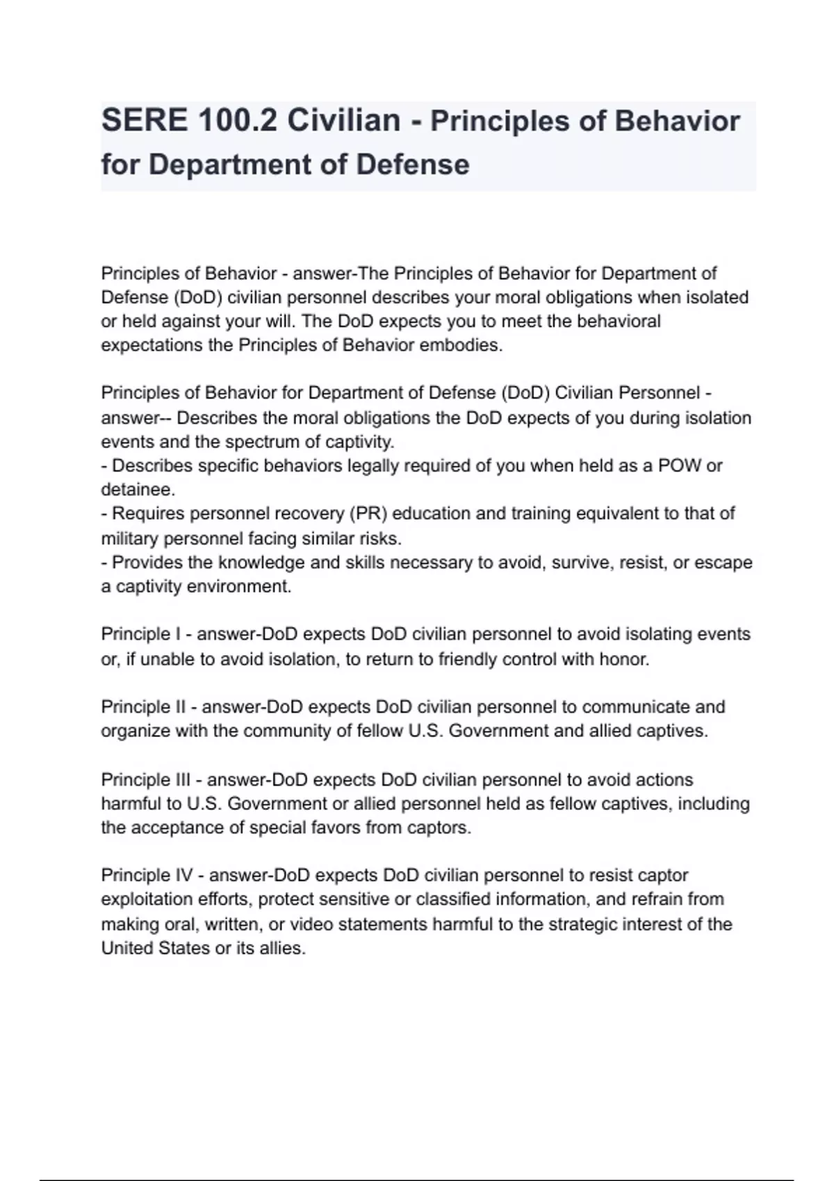 SERE 100.2 Civilian - Principles of Behavior for Department of Defense - SERE 100.2 Civilian ...