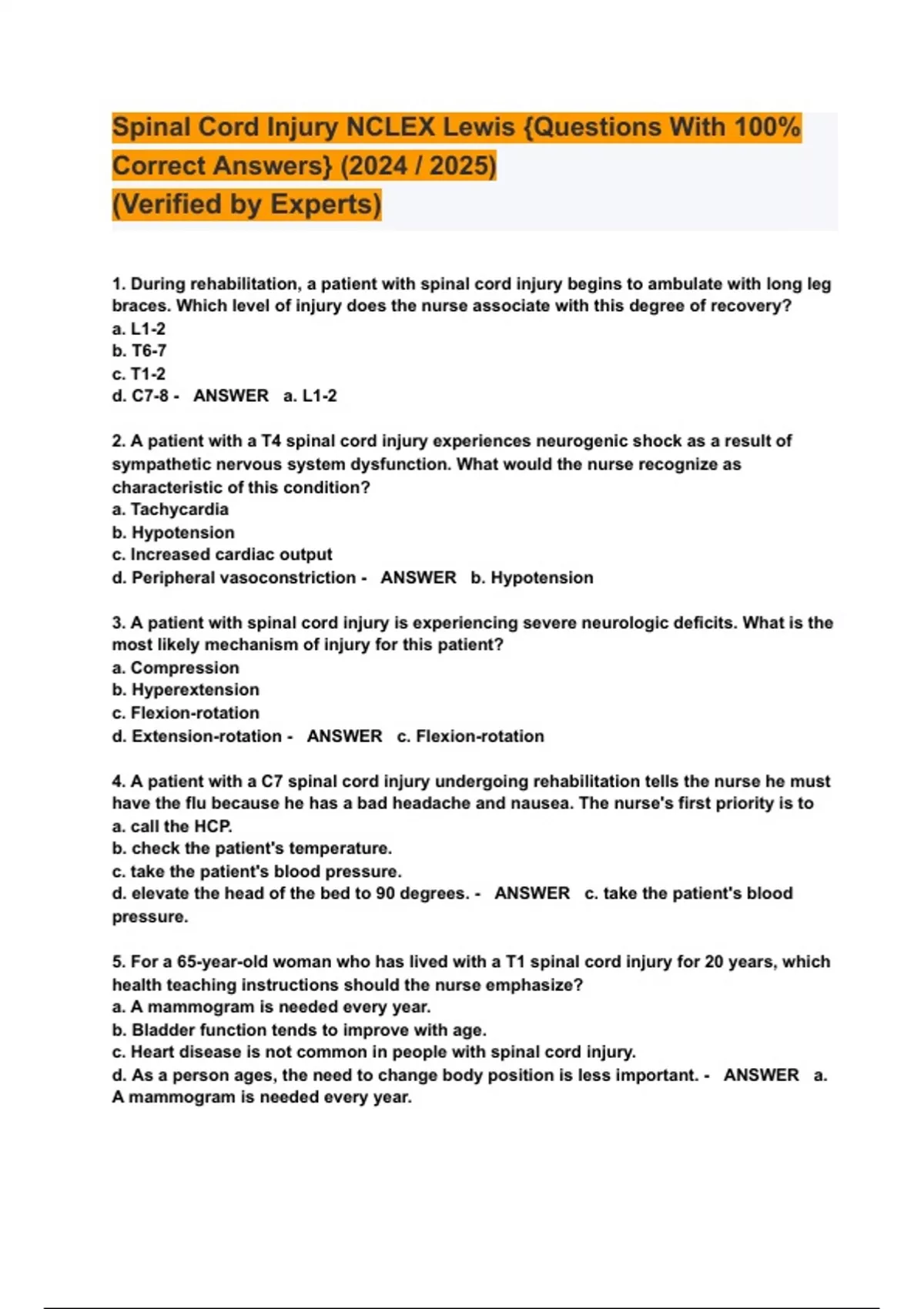 Spinal Cord Injury NCLEX Lewis {Questions With 100% Correct Answers ...