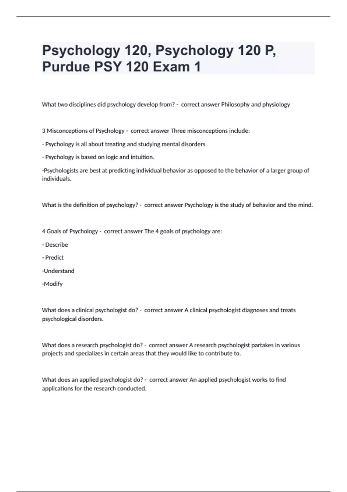 Psychology 120, Psychology 120 P, Purdue PSY 120 Exam 1 fully solved 2024/2025 - Psy 120 - Stuvia US
