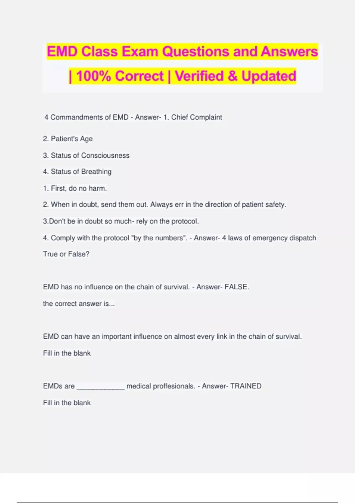 EMD Class Exam Questions and Answers | 100% Correct | Verified ...