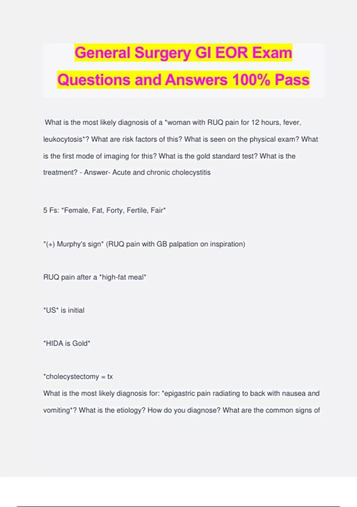 General Surgery GI EOR Exam Questions and Answers 100% Pass - Surgery EOR - Stuvia US