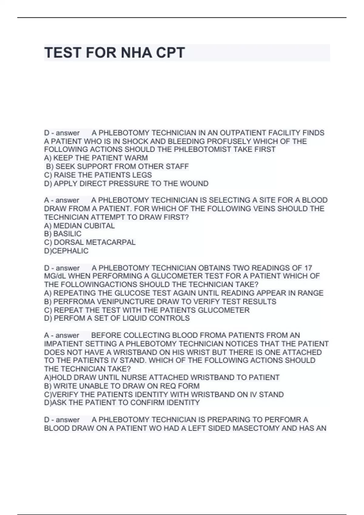 TEST FOR NHA CPT QUESTIONS WITH CORRECT ANSWERS 2024 - NHA CPT - Stuvia US