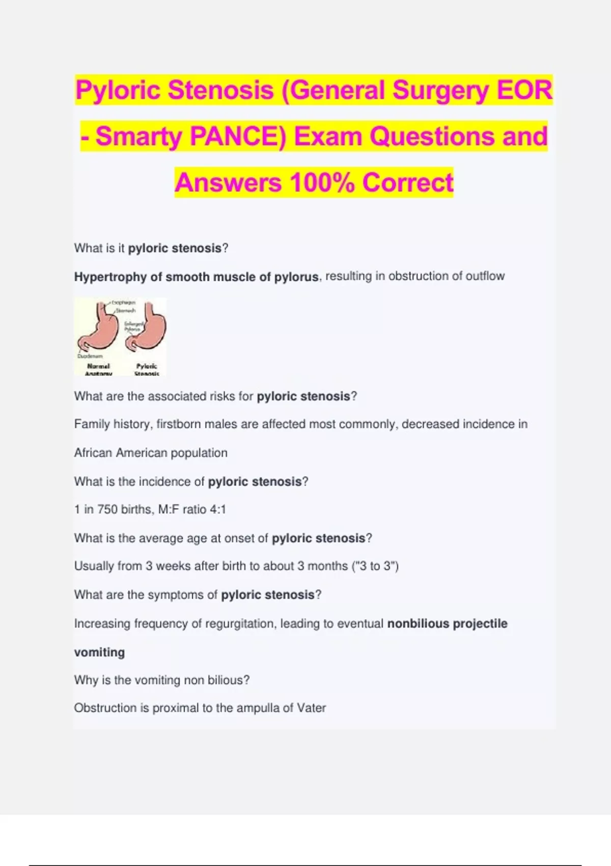Pyloric Stenosis (General Surgery EOR - Smarty PANCE) Exam Questions ...