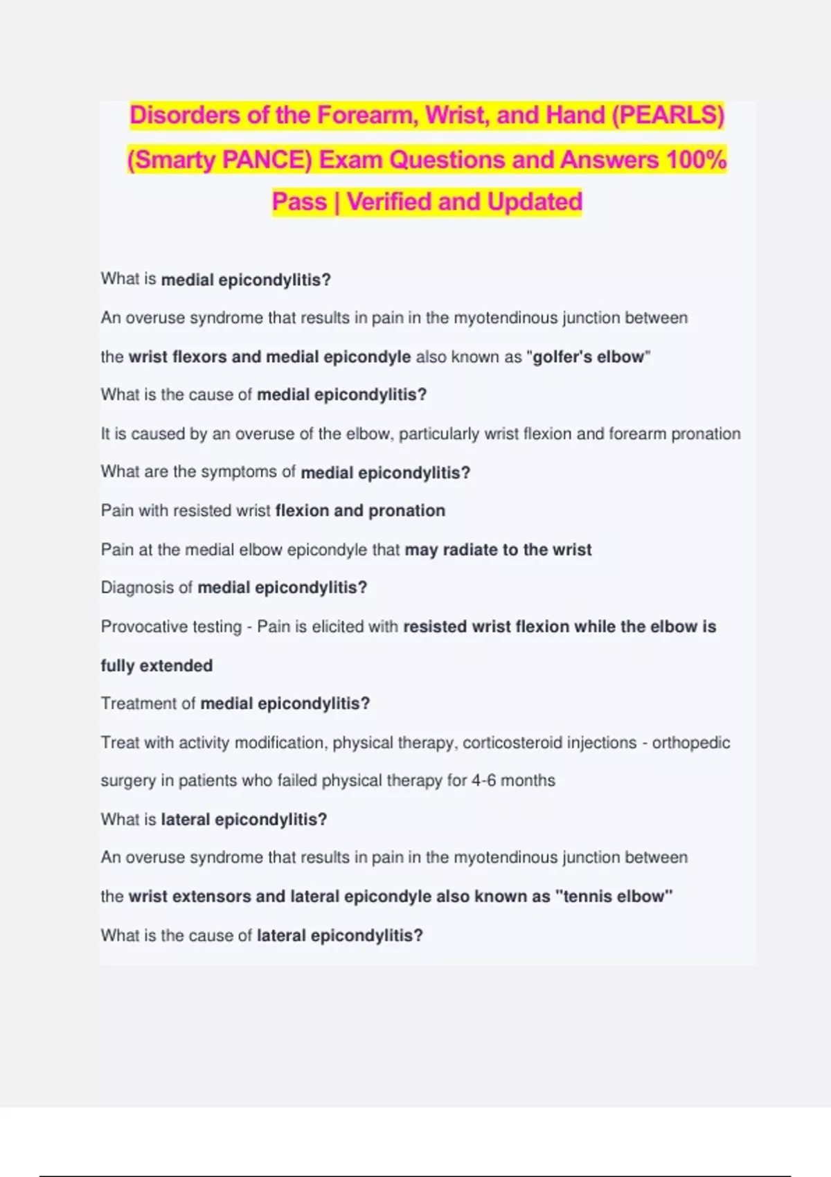 Disorders of the Forearm, Wrist, and Hand (PEARLS) (Smarty PANCE) Exam ...