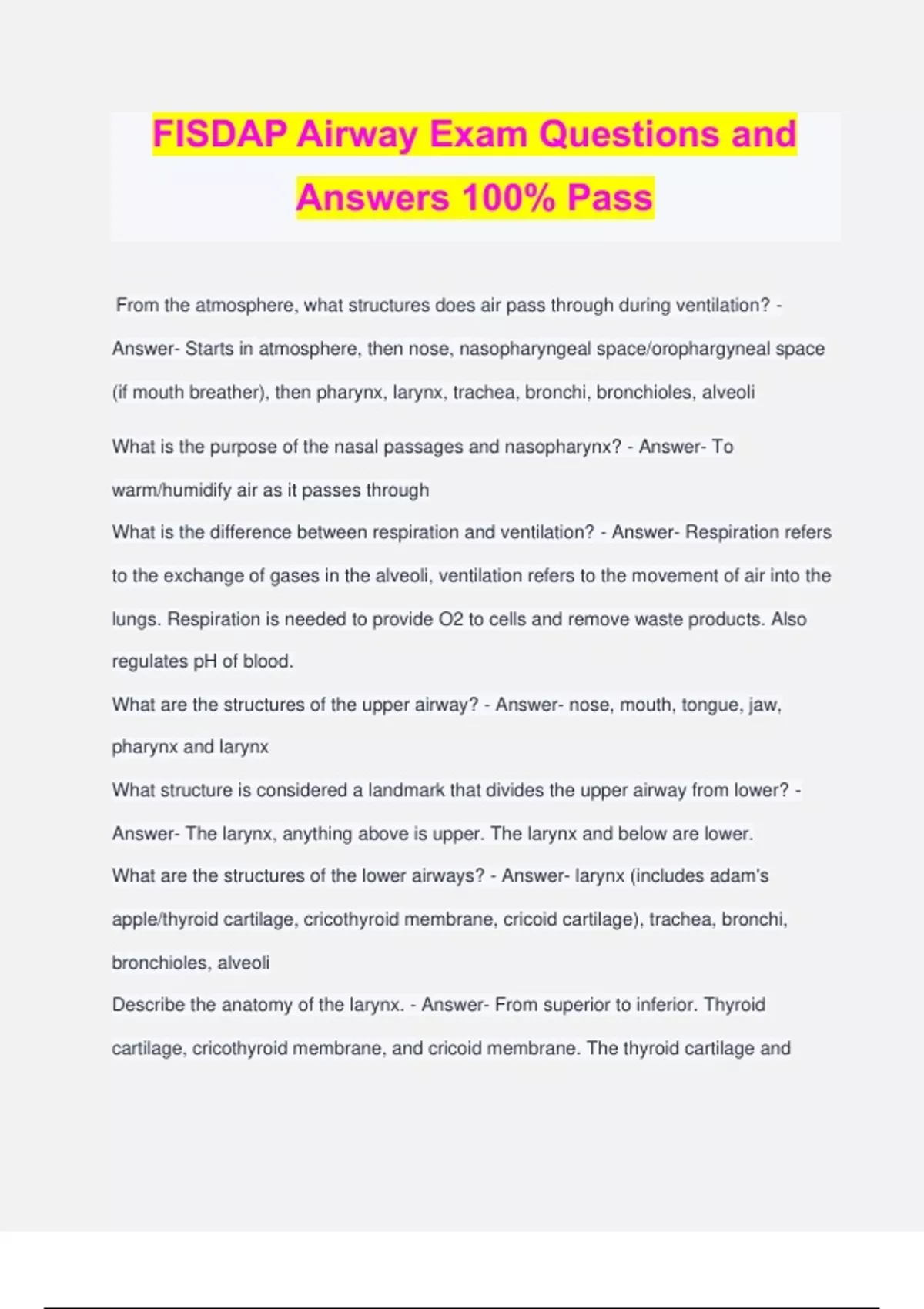 FISDAP Airway Exam Questions and Answers 100% Pass - FISDAP - Stuvia US