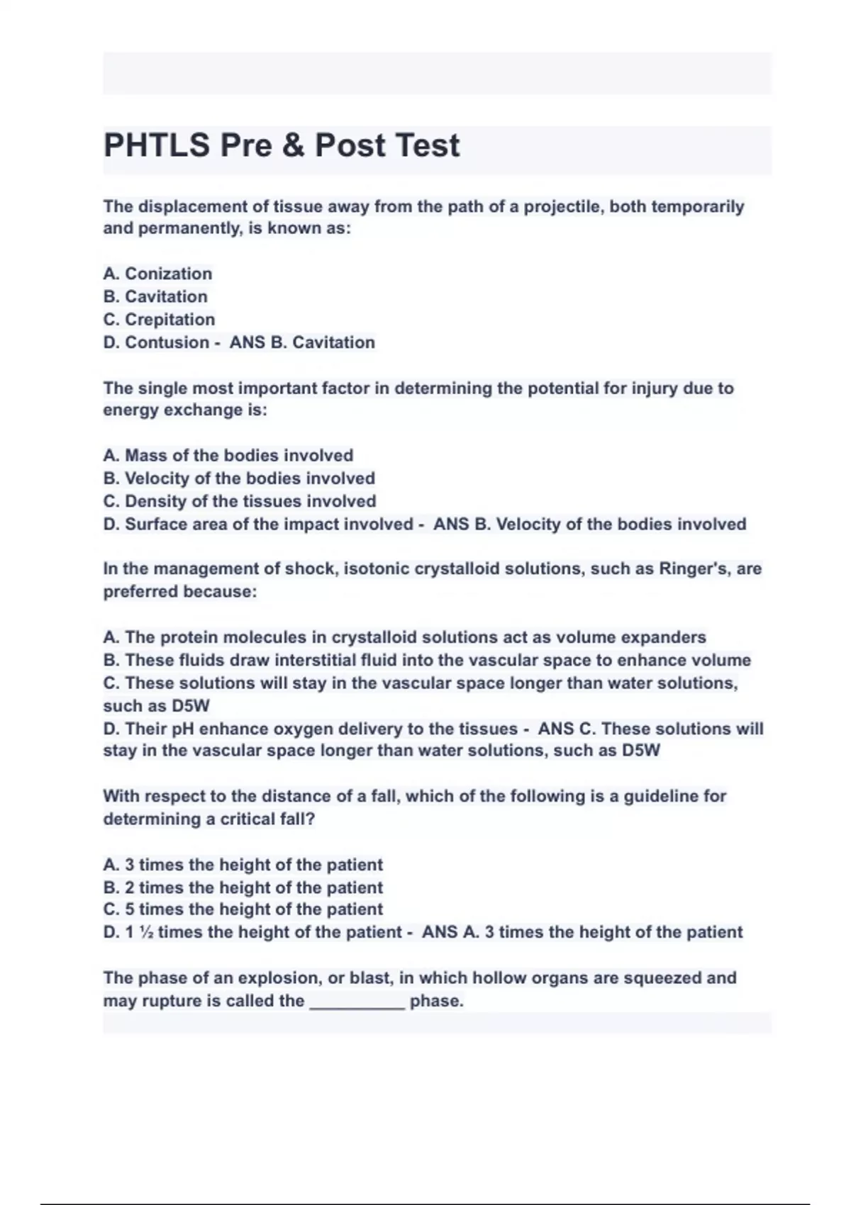PHTLS Pre & Post Test Questions with correct Answers 2024/2025( A+ ...