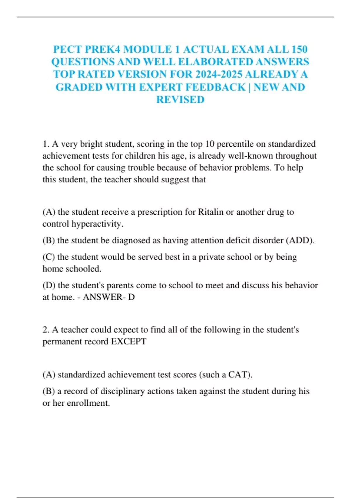 PECT PREK4 MODULE 1 ACTUAL EXAM ALL 150 QUESTIONS AND WELL ELABORATED ...