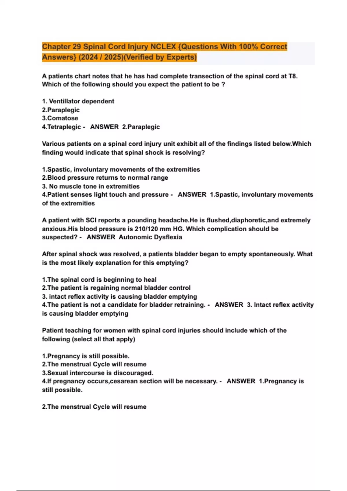 Chapter 29 Spinal Cord Injury NCLEX {Questions With 100% Correct ...