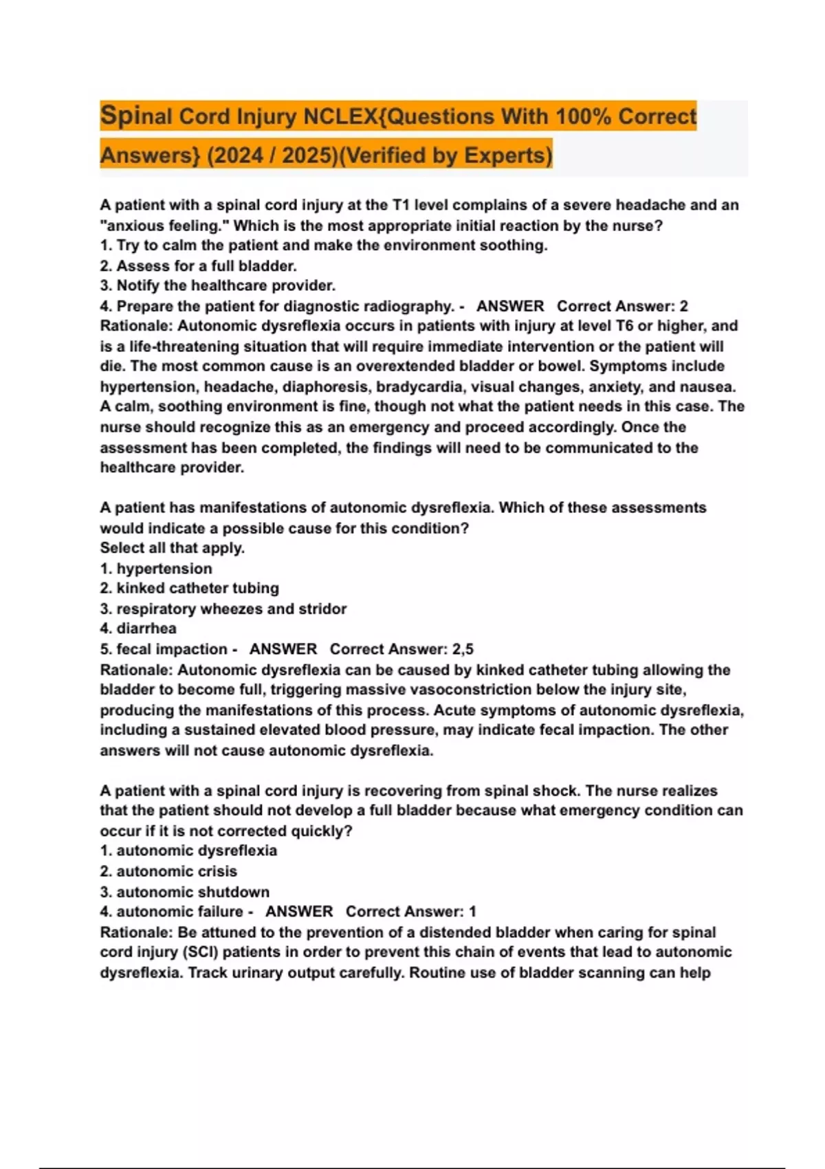 Spinal Cord Injury NCLEX{Questions With 100% Correct Answers} (2024 / ...